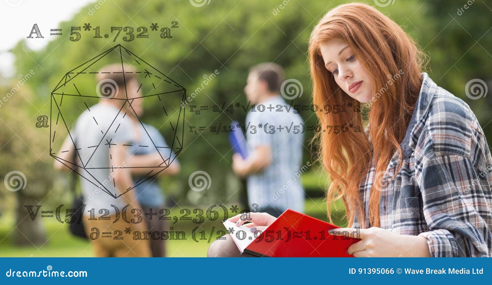 Female Student Reading Book with Math Equations in Foreground Stock ...