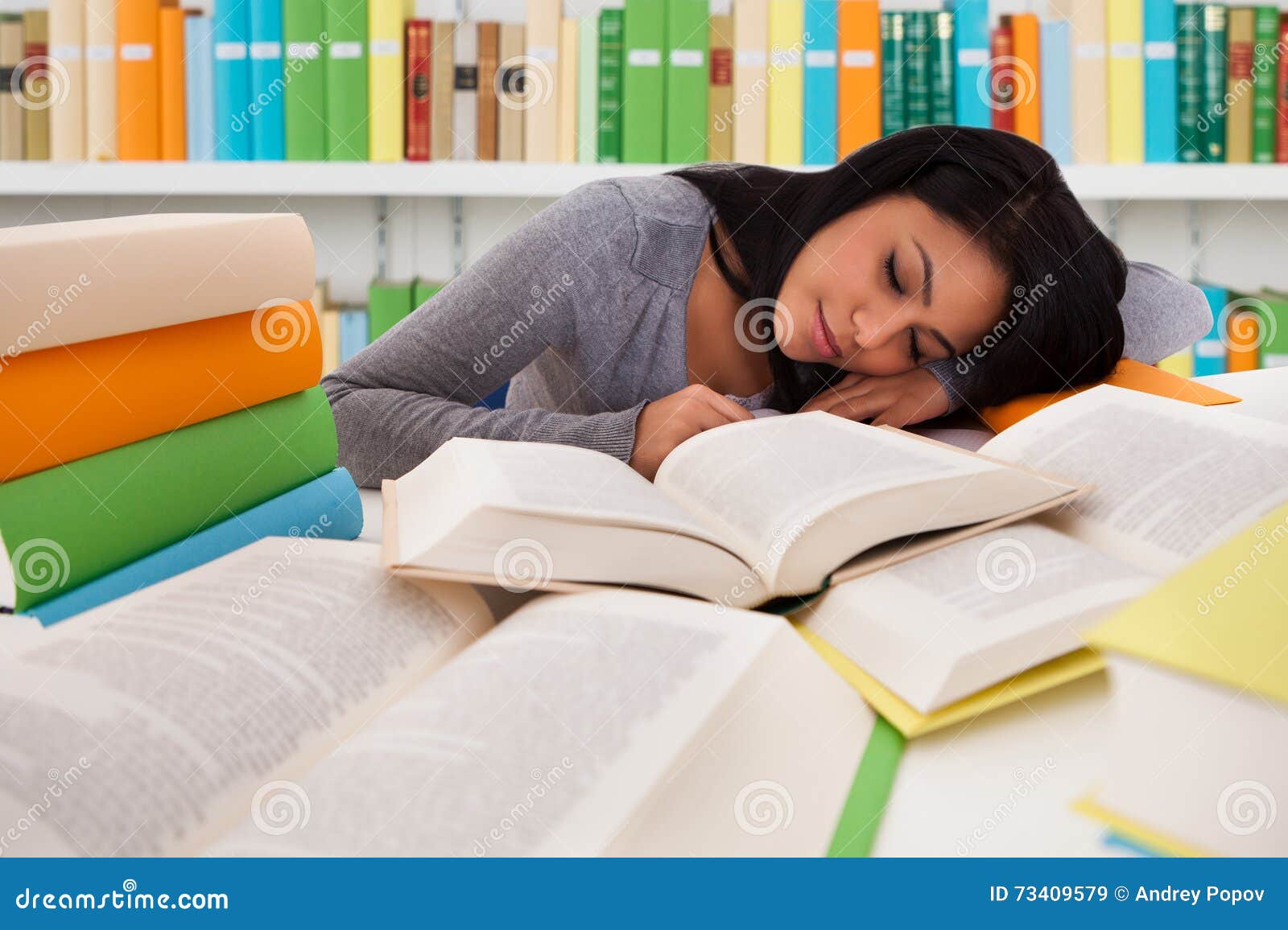 Female Student Sleeping on Books in Library Stock Image - Image of ...