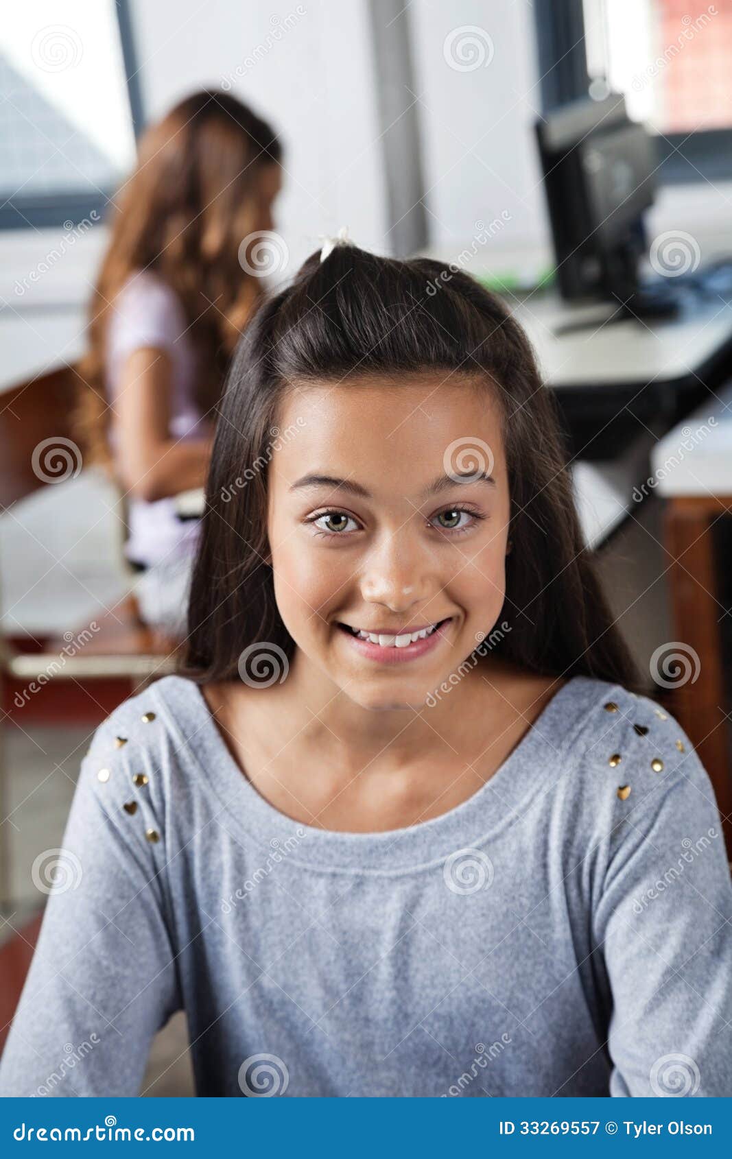 Female Student Smiling in Computer Class Stock Image - Image of ...