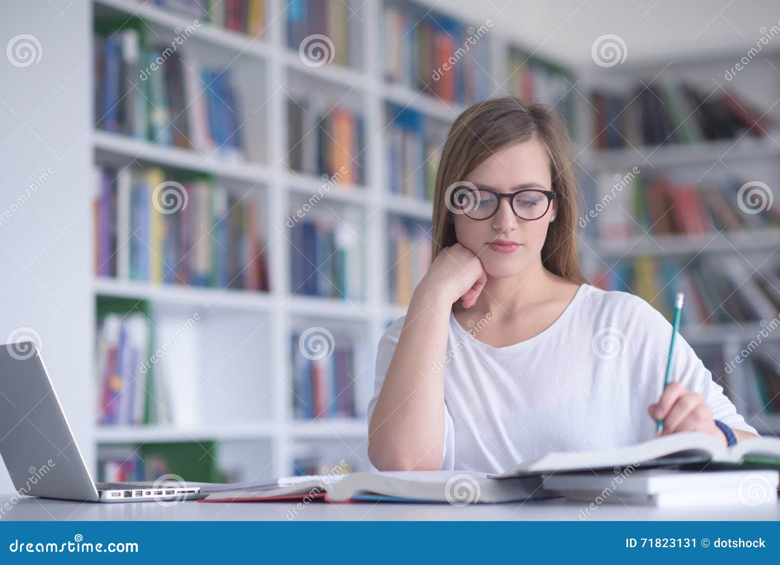 Female Student Study in School Library Stock Image - Image of learn ...