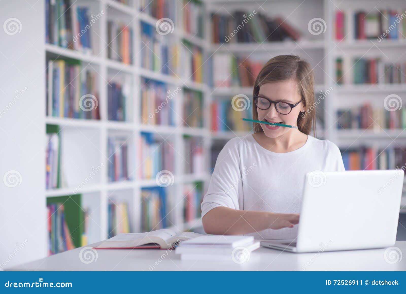 Female Student Study in School Library Stock Image - Image of looking ...