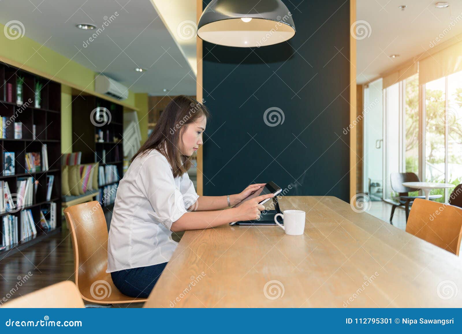Female Student Study in School Library, Using Tablet, Laptop and Stock ...