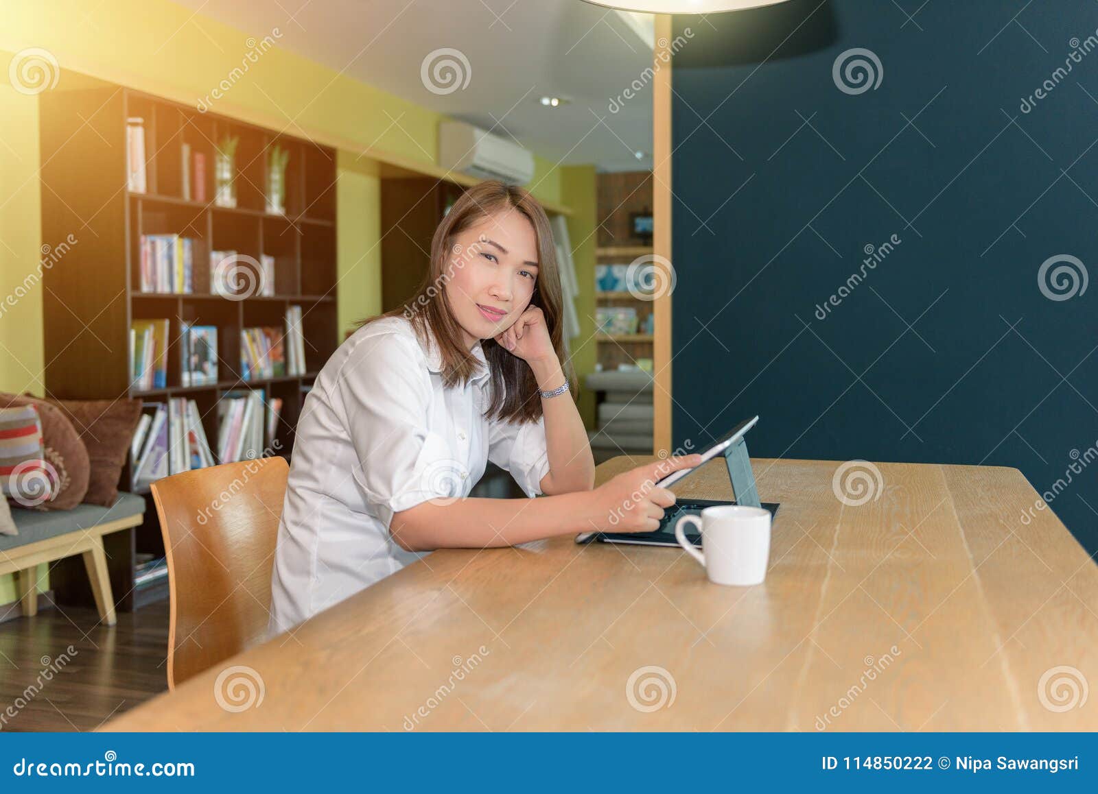 Female Student Study in School Library, Using Tablet, Laptop and Stock ...
