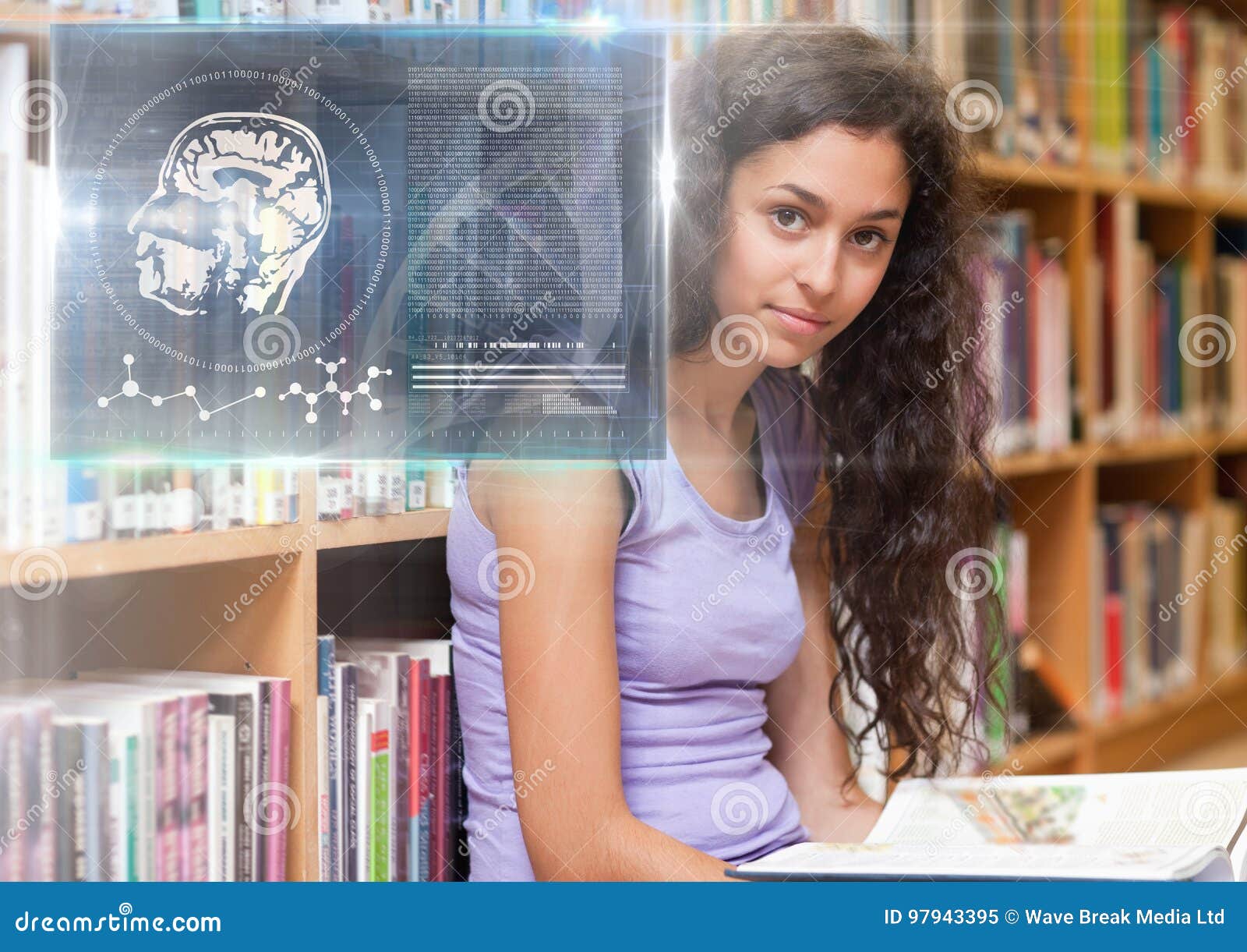 Female Student Studying with Book and Science Education Interface ...