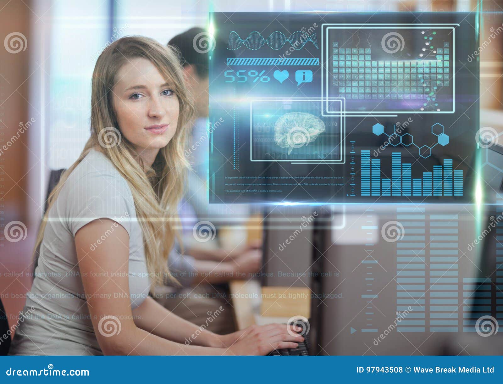 Female Student Studying with Computer and Science Education Interface ...