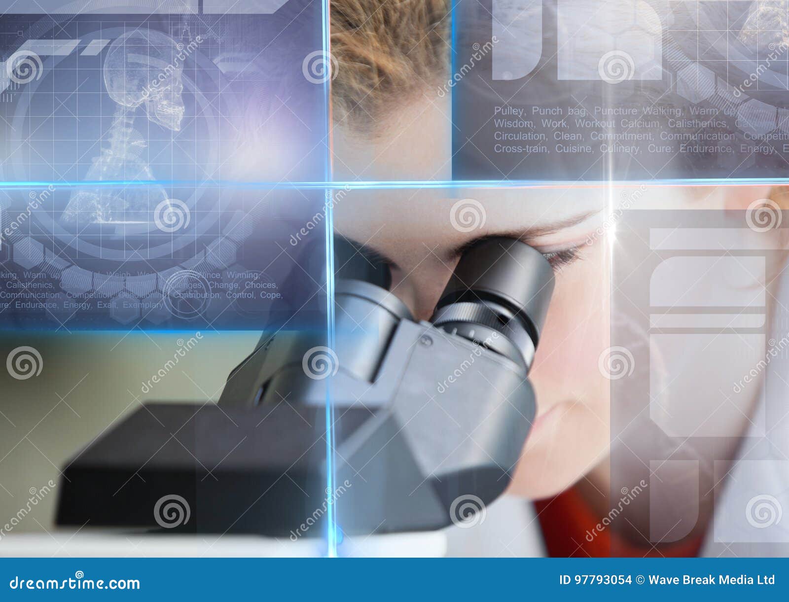 Female Student Studying with Microscope and Science Education Interface ...