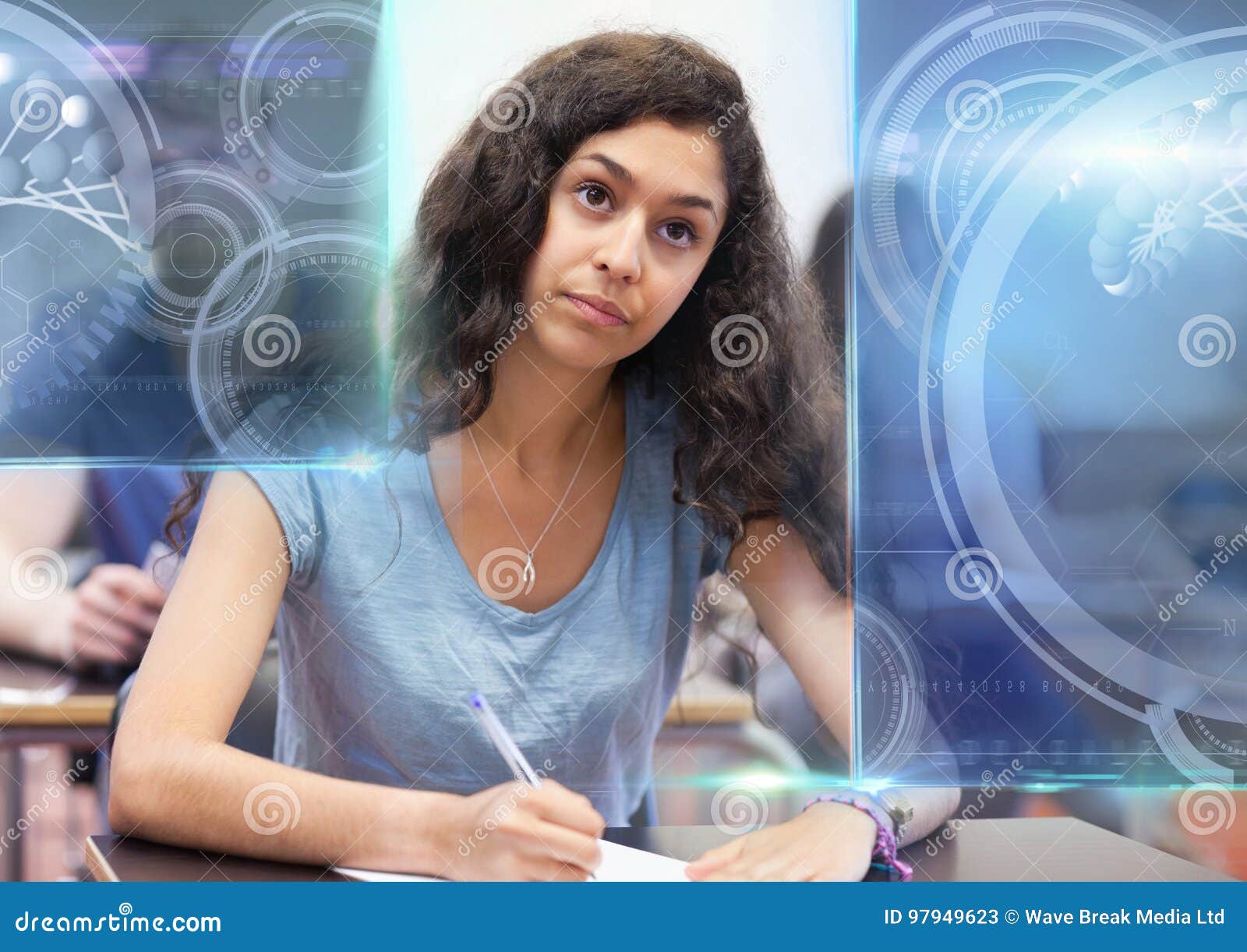 Female Student Studying with Notes and Science Education Interface ...
