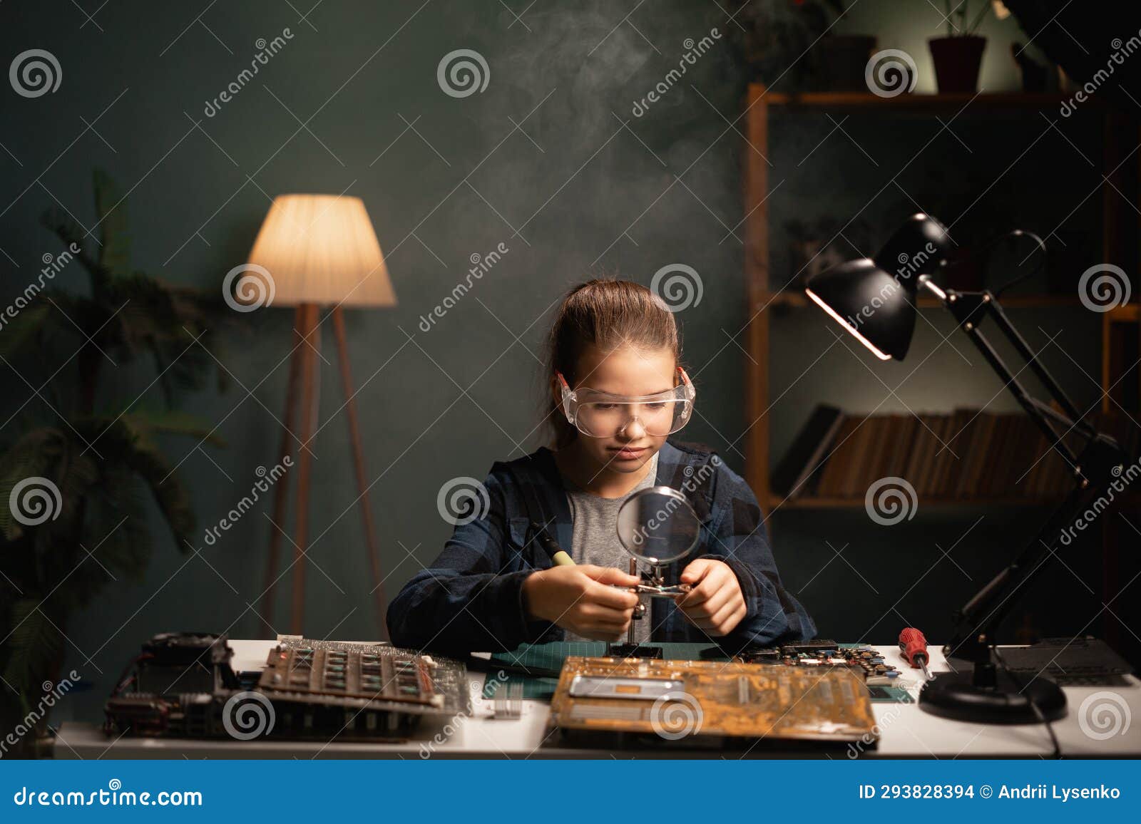 Female Student Uses Soldering Iron. she is Repairing Computer Stock ...