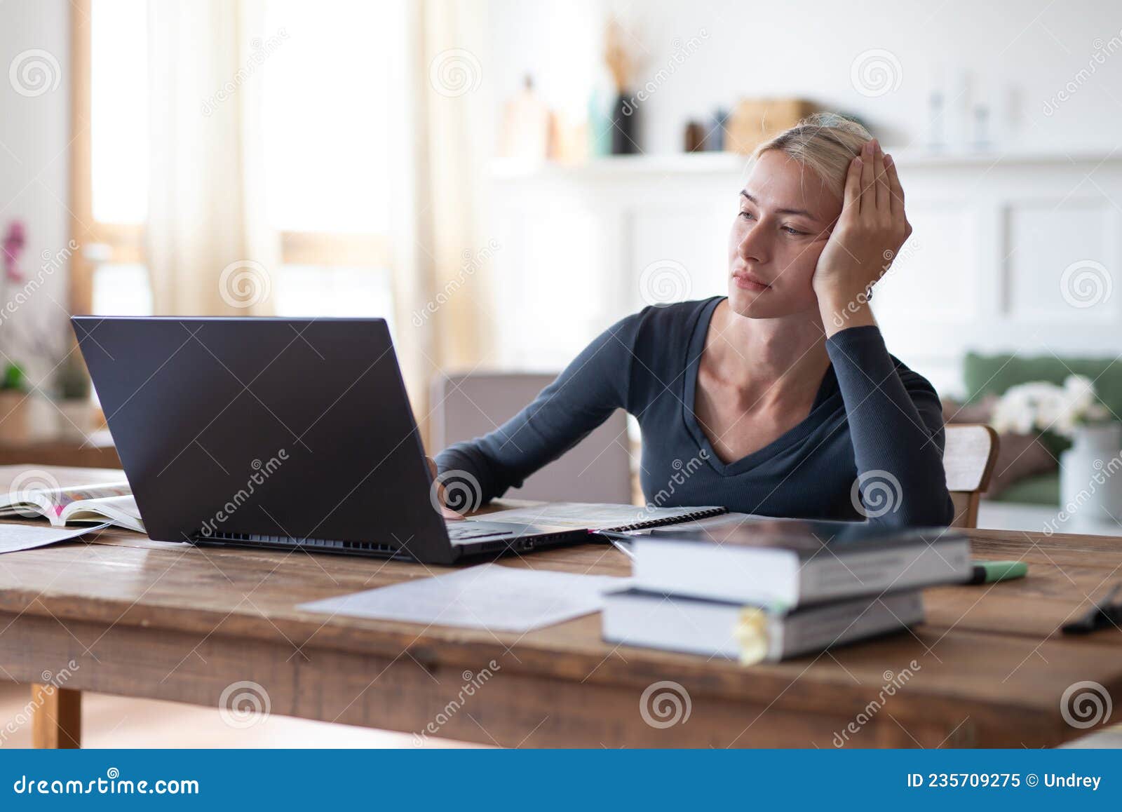 Female Student Using Laptop Studying with Laptop at Home. Stock Image ...