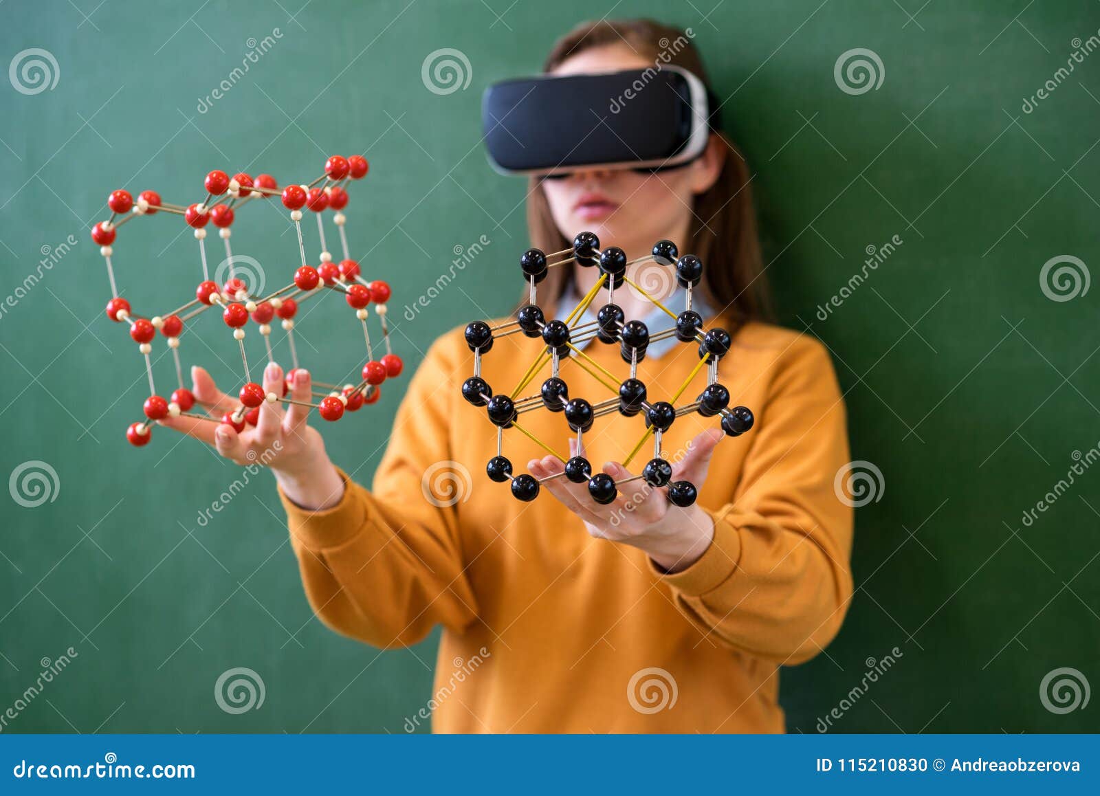 Female Student Wearing Virtual Reality Glasses, Holding Molecular ...