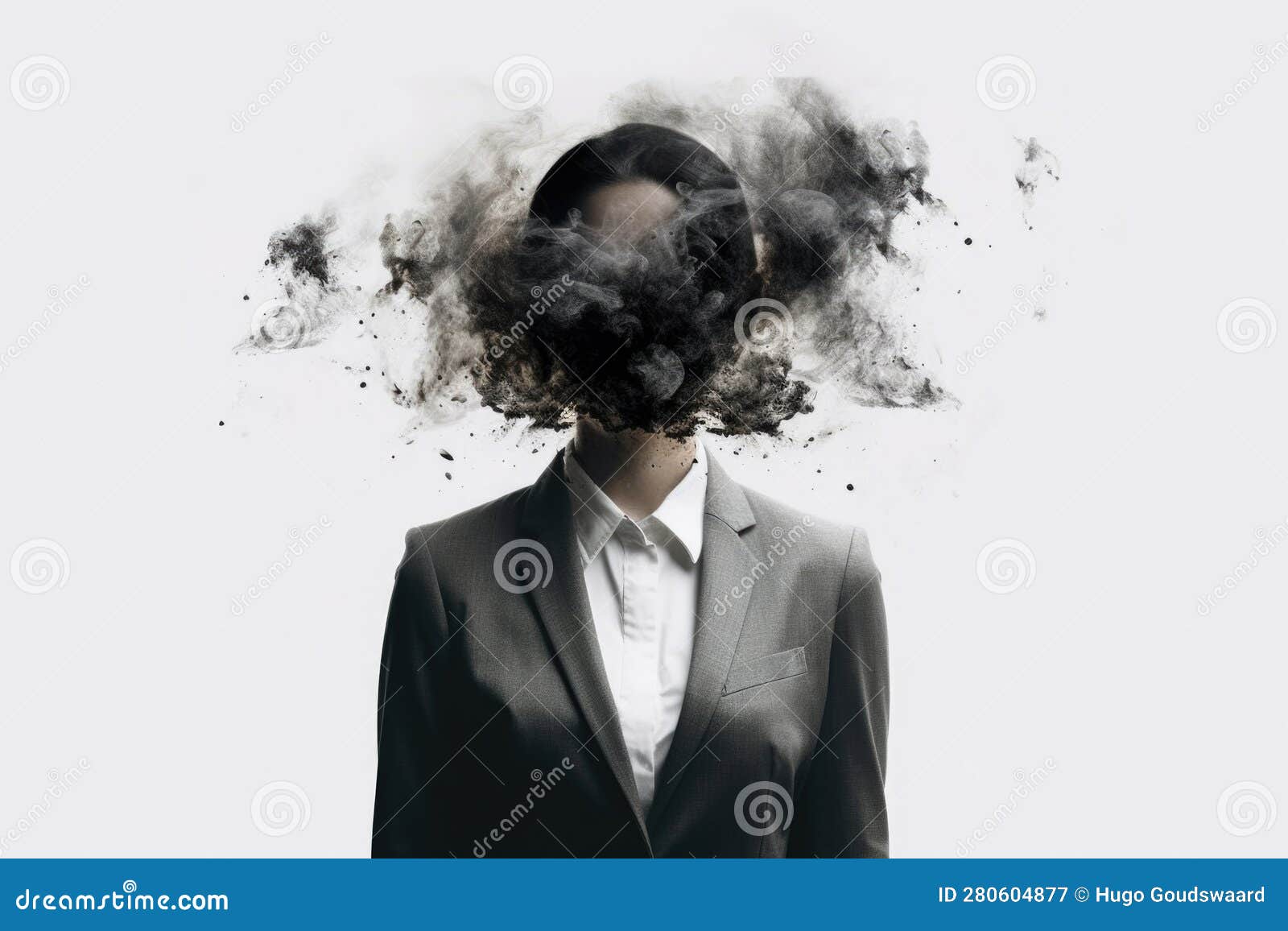 A Female in a Suit with a Head in Smoke Exploding. Visualisation of the ...