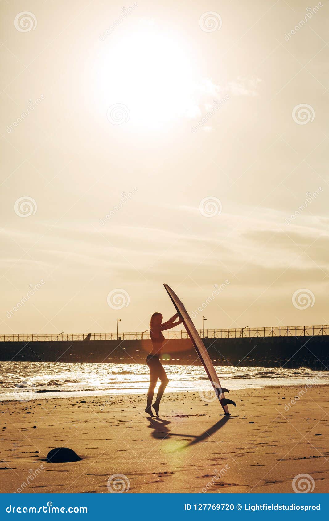 Female Surfer Posing with Surfboard on Beach Stock Photo - Image of ...