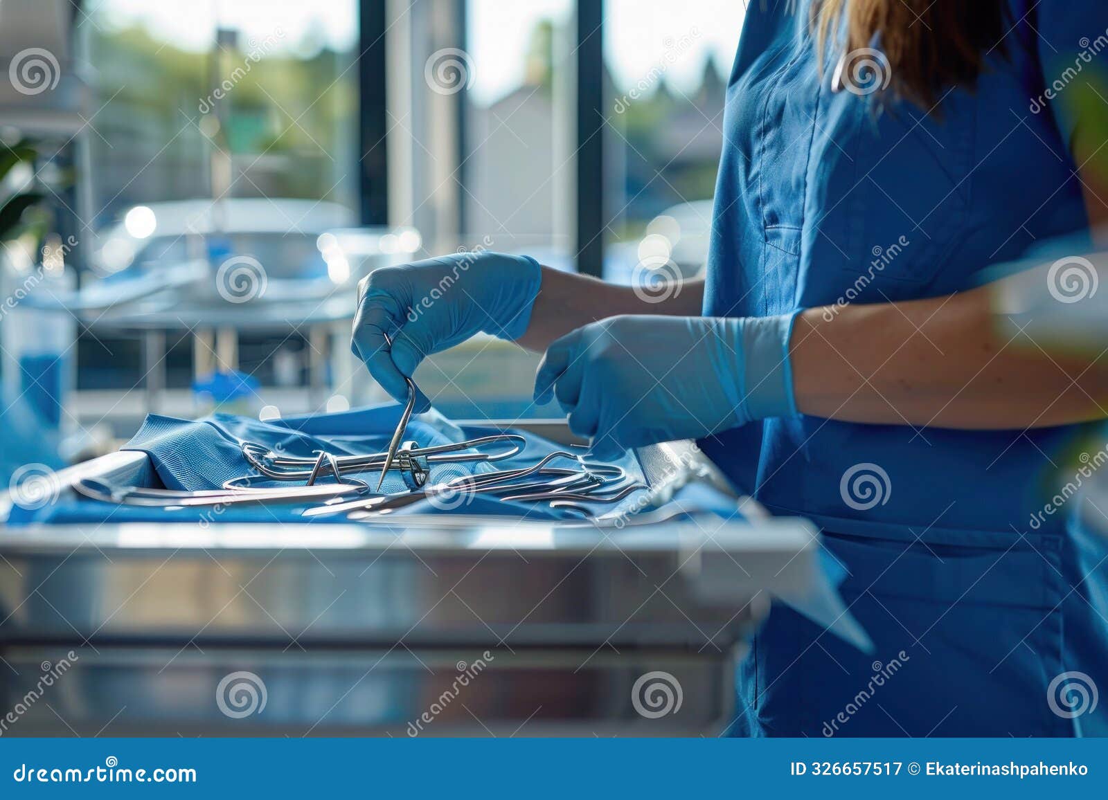 A Female Surgeon in Blue Scrubs is Preparing Surgical Instruments on an ...
