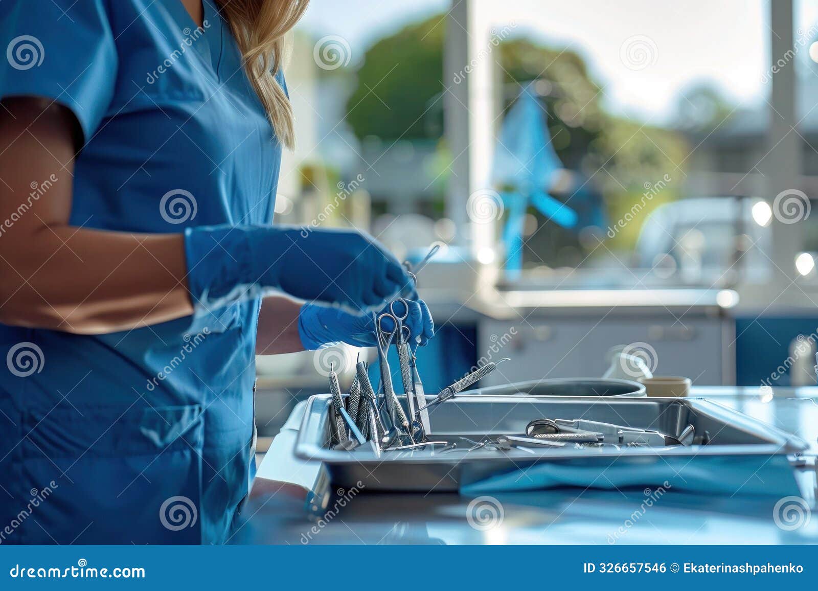 A Female Surgeon in Blue Scrubs is Preparing Surgical Instruments on an ...