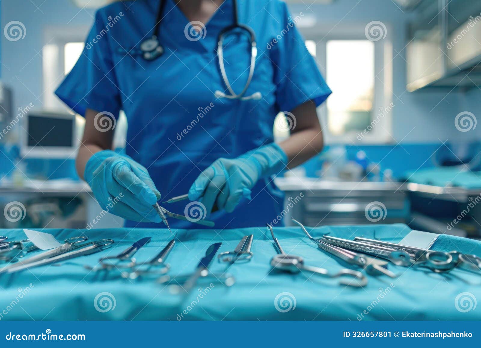 A Female Surgeon in Blue Scrubs is Preparing Surgical Instruments on an ...