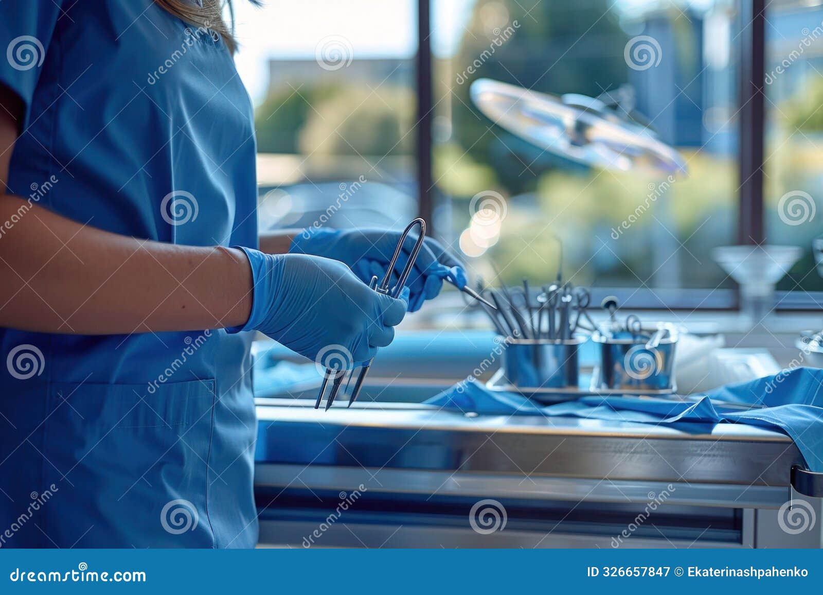 A Female Surgeon in Blue Scrubs is Preparing Surgical Instruments on an ...