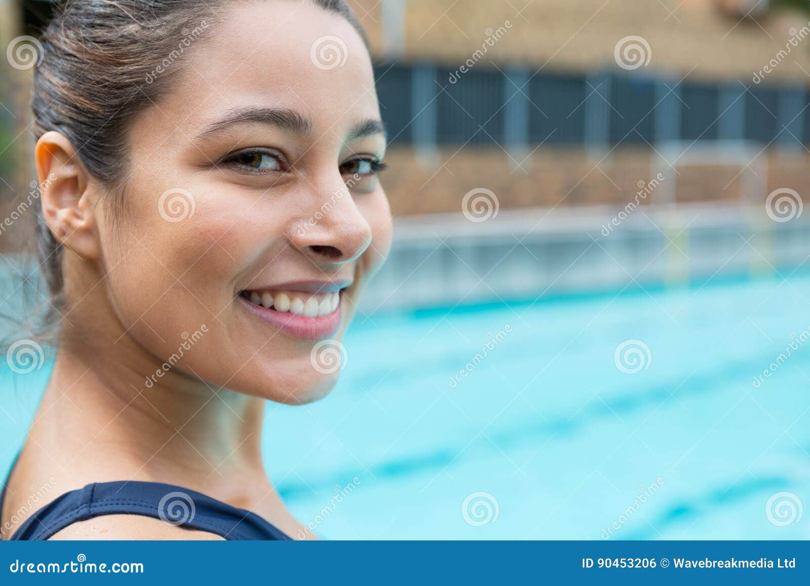 Female Swimmer Smiling at Poolside Stock Photo - Image of recreational ...