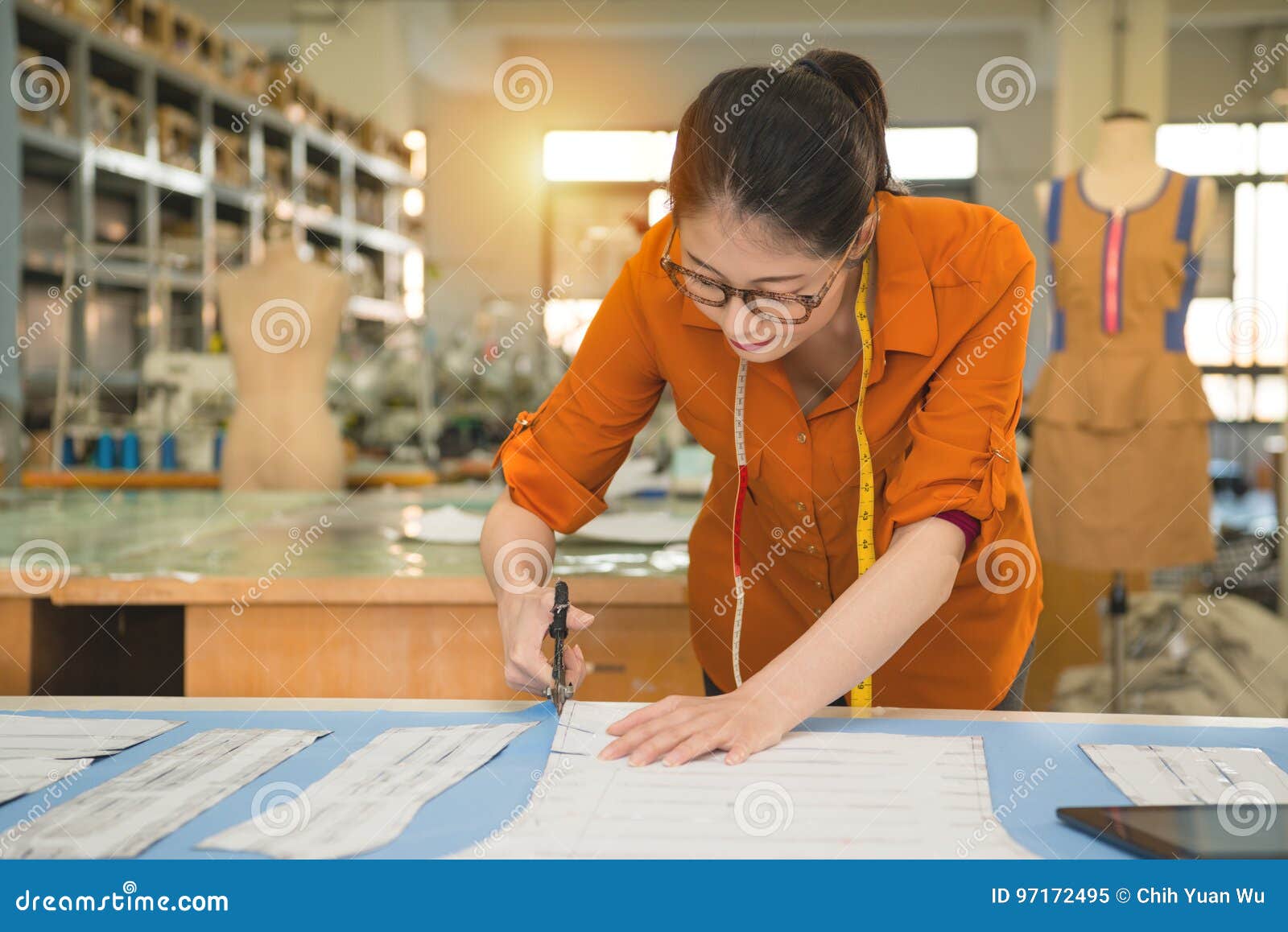Female Tailor Along the Design Draft Cut Fabric Stock Image - Image of ...