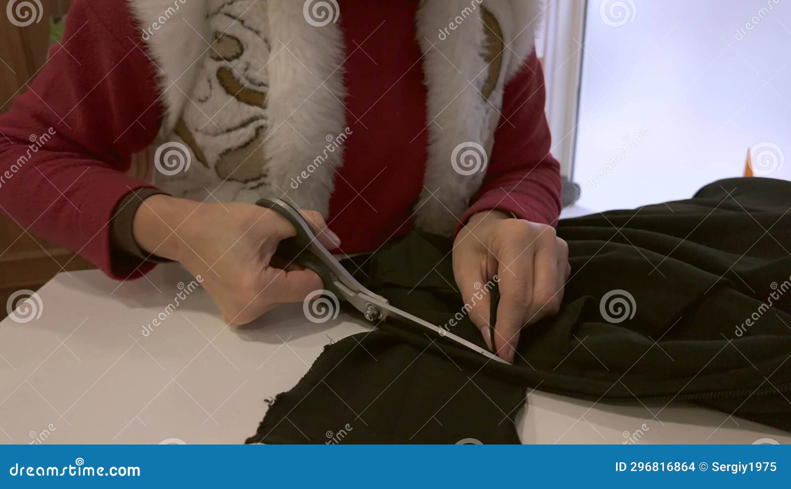 Female Tailor Cuts Fabric with Scissors, Tailoring Studio, Close-up ...