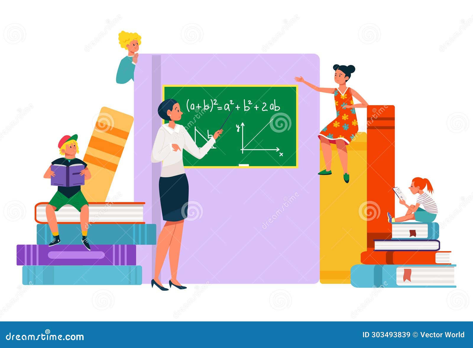 Female Teacher Explaining Math on Blackboard, Students of Different ...