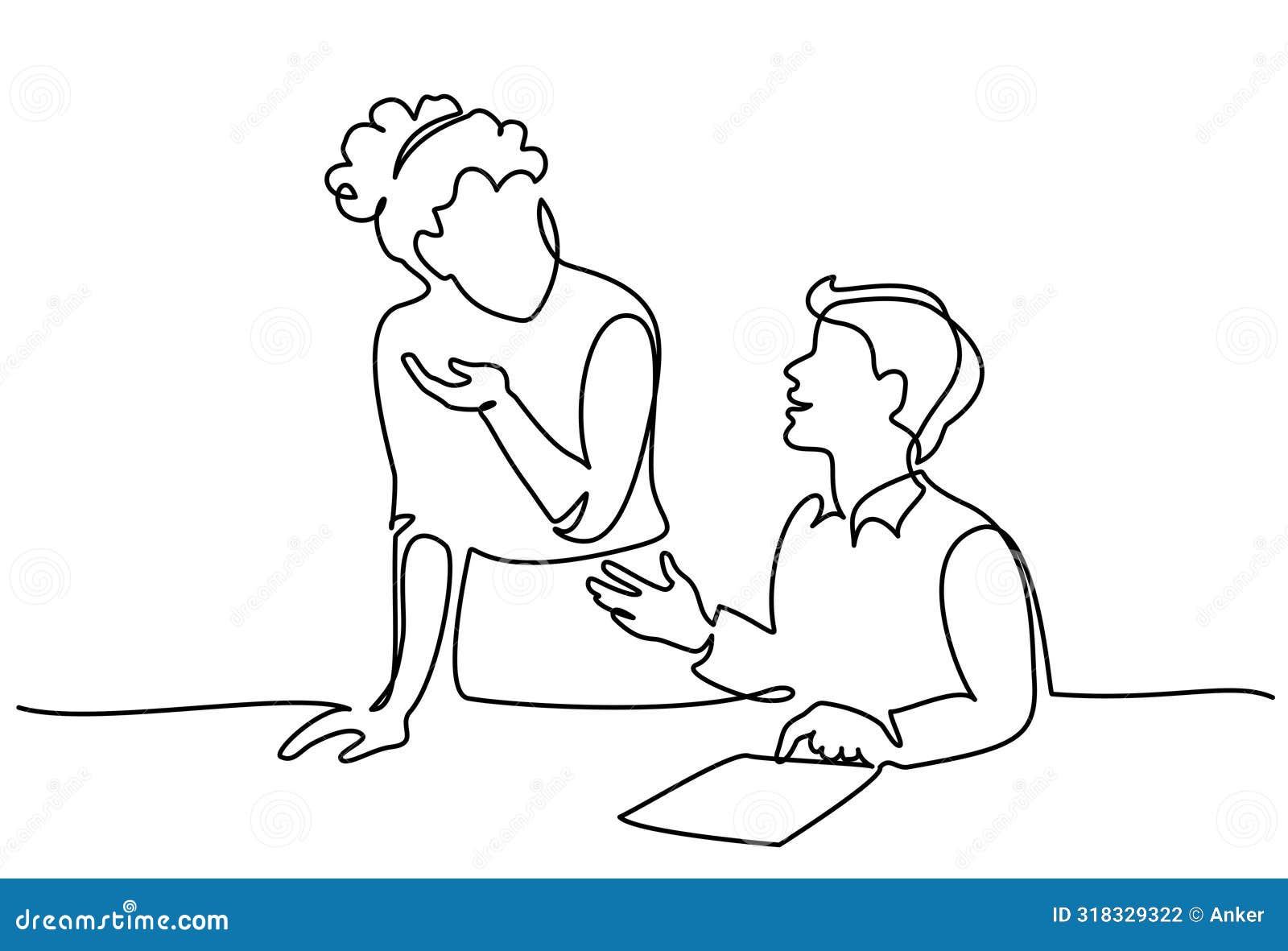 Female Teacher Explaining A Task To A Boy Student. One Line Drawing ...