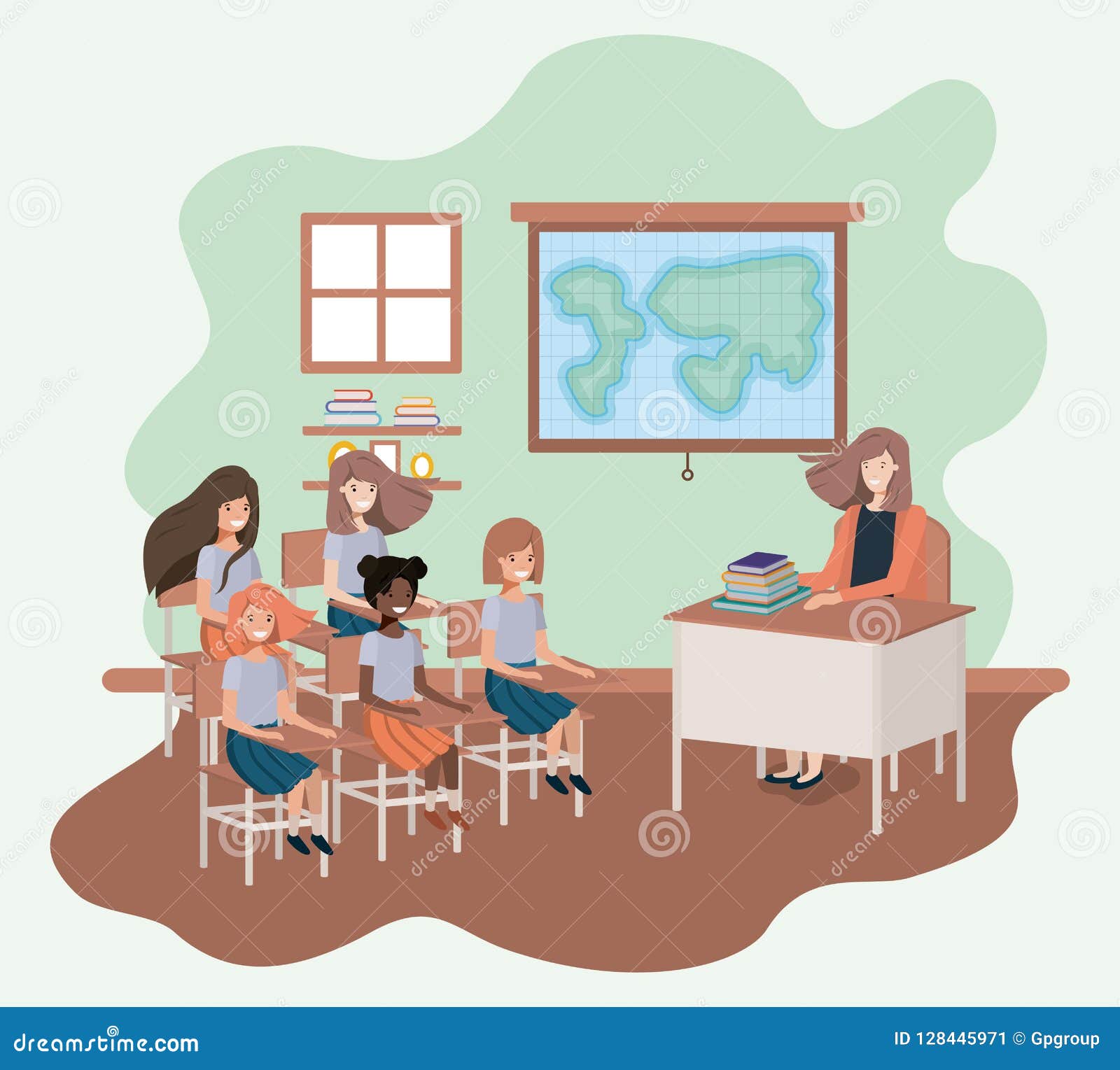 Geography Class, Teacher And Pupils In Room. Schoolboy Showing Country ...