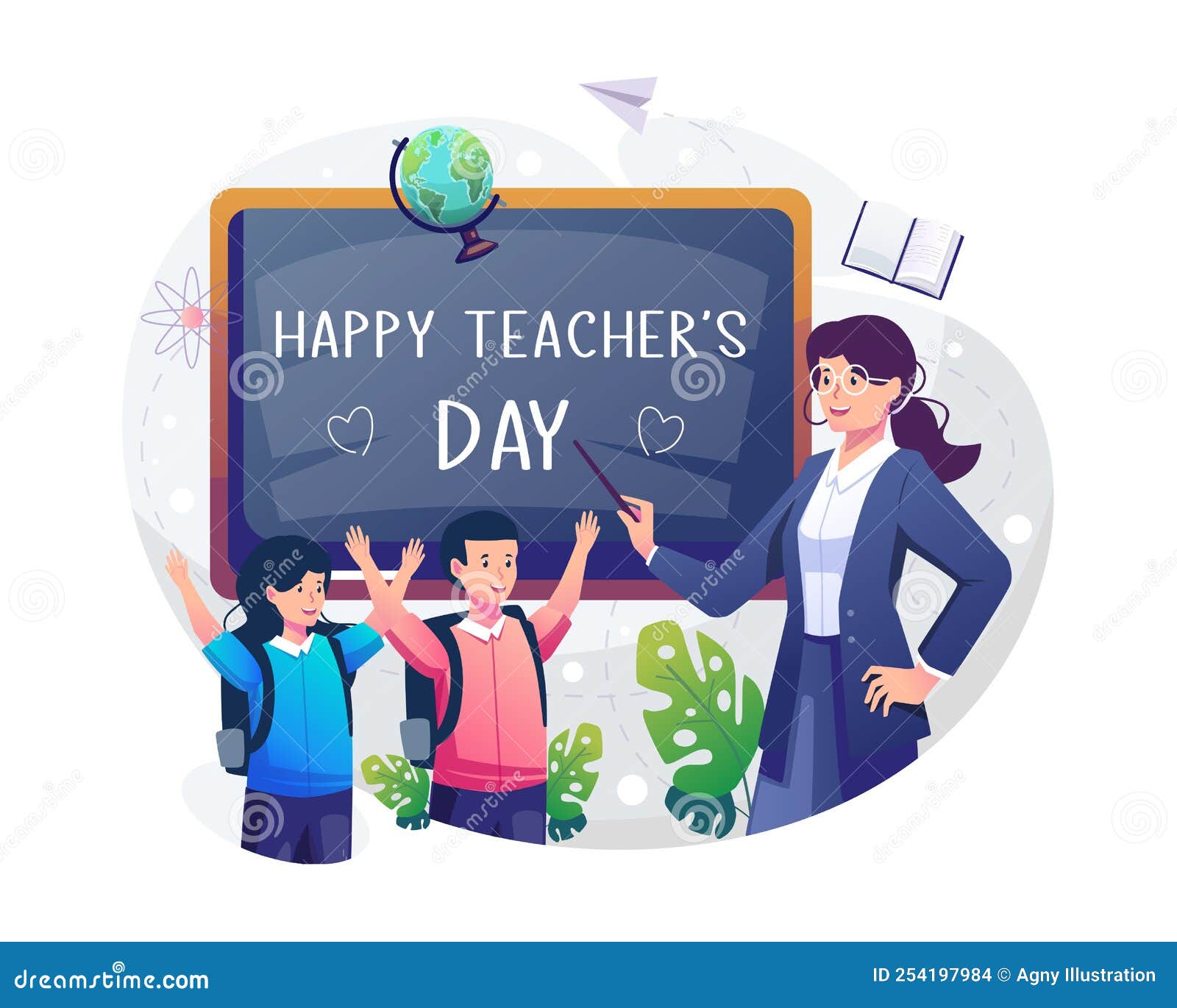 A Female Teacher is Pointing at the Blackboard that Says Happy Teachers ... A Female Teacher is Pointing at the Blackboard that Says Happy Teachers ...