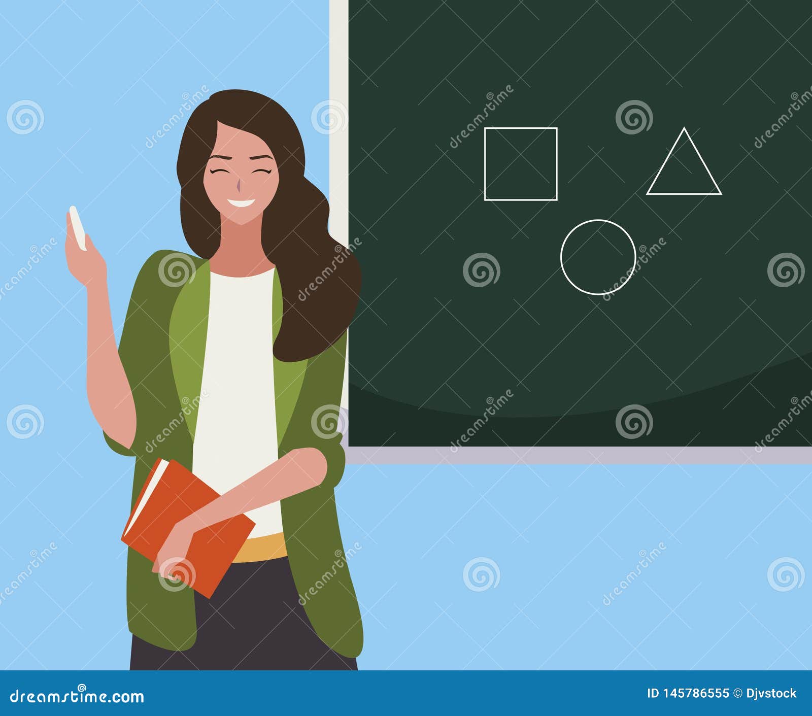 Female Teacher With Textbook And Chalkboard Stock Illustration