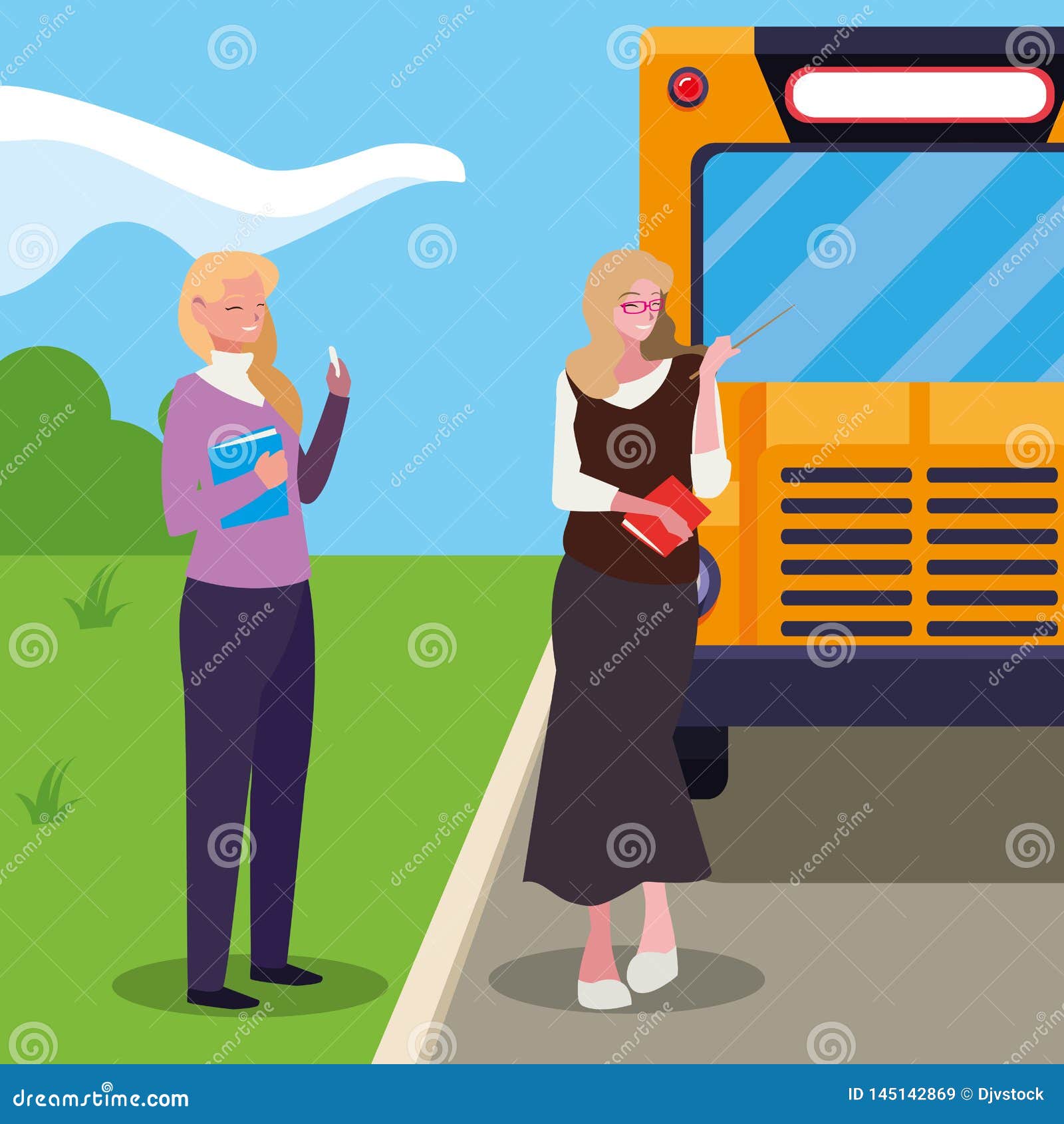 Female Teachers Couple in Stop Bus Characters Stock de ilustración ...