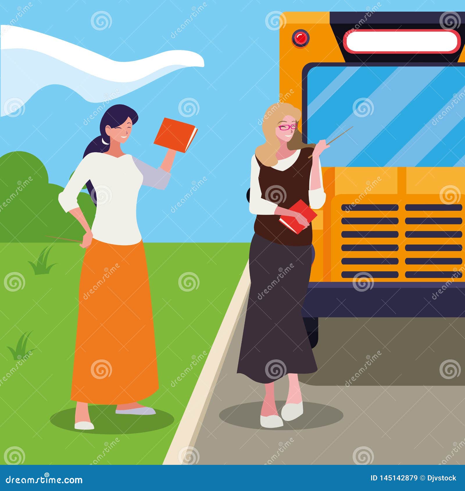 Female Teachers Couple in Stop Bus Characters Stock de ilustración ...