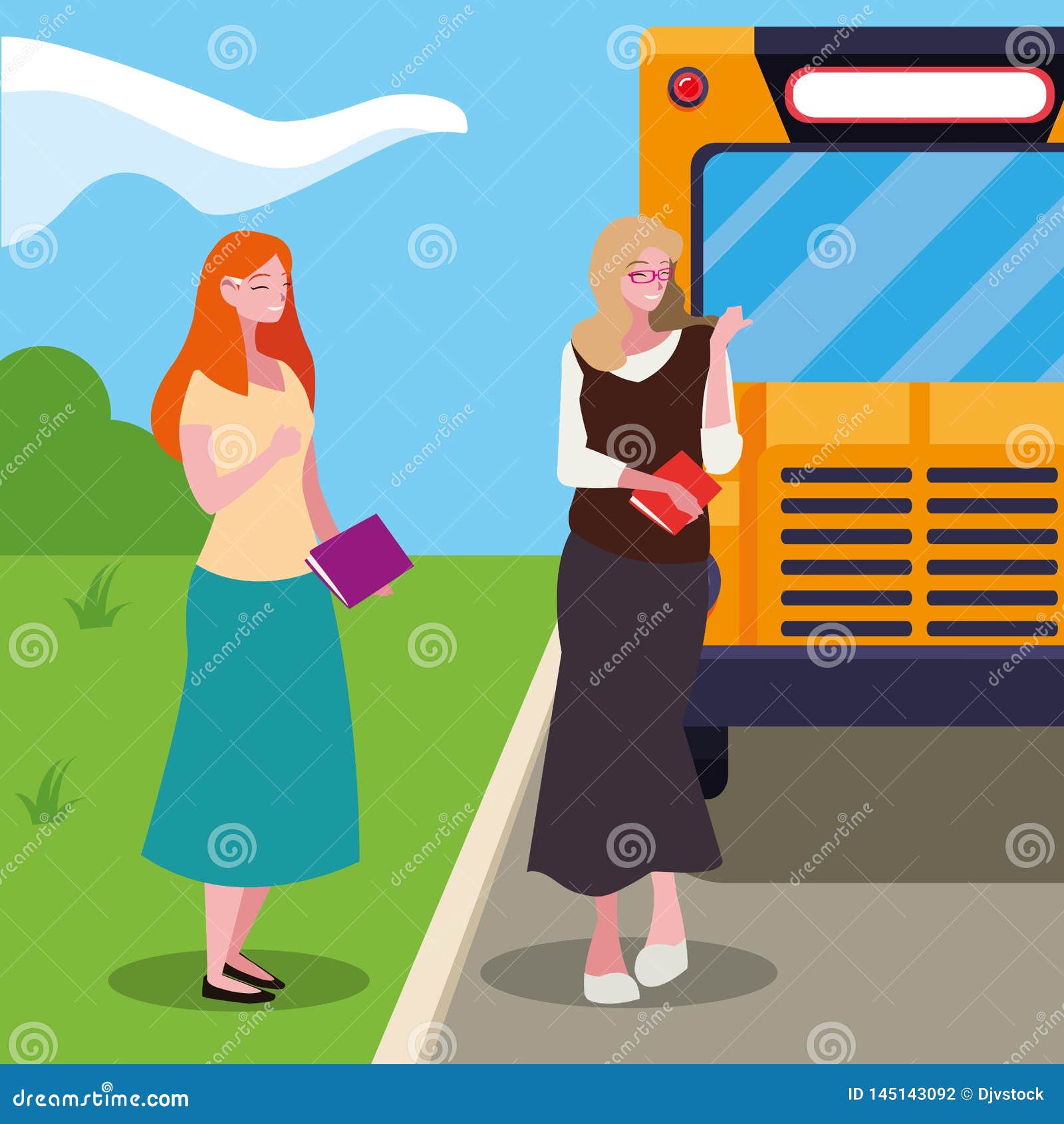 Female Teachers Couple in Stop Bus Characters Stock de ilustración ...
