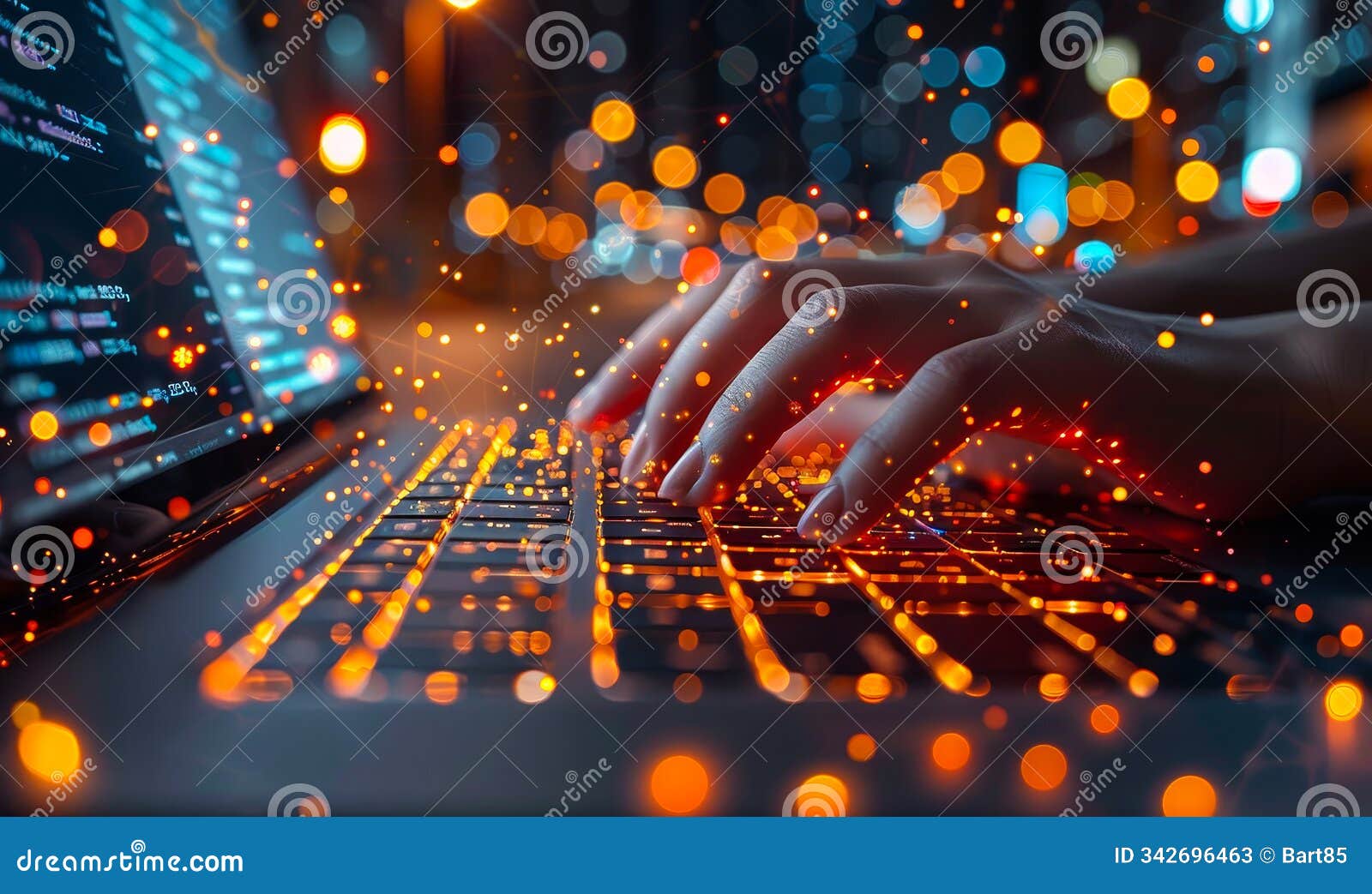 Female Tech Programmer Coding Laptop Global Internet Network Data Processing Cloud Computing ...