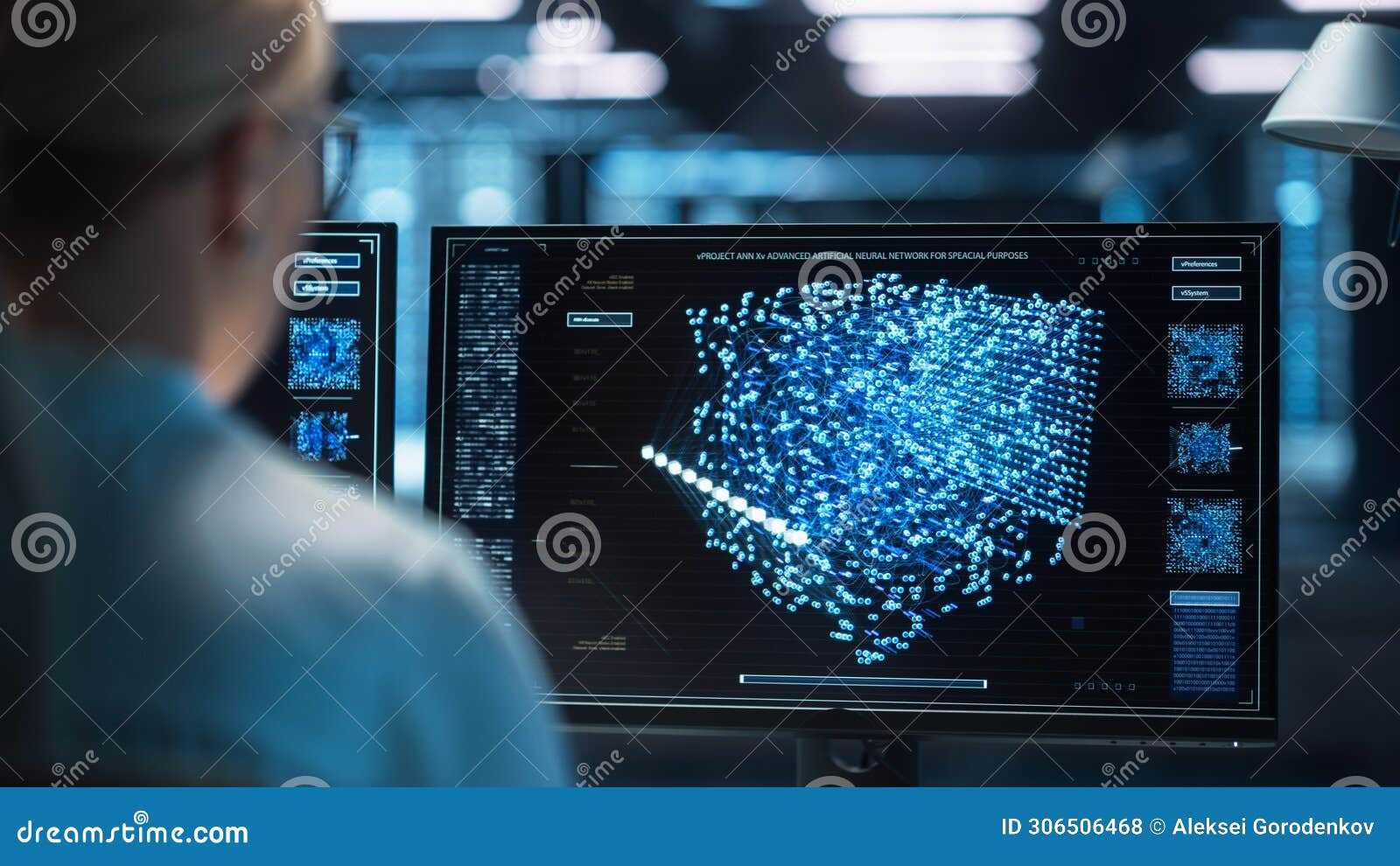 Female Technical Operator Works at Her Workstation with Multiple ...