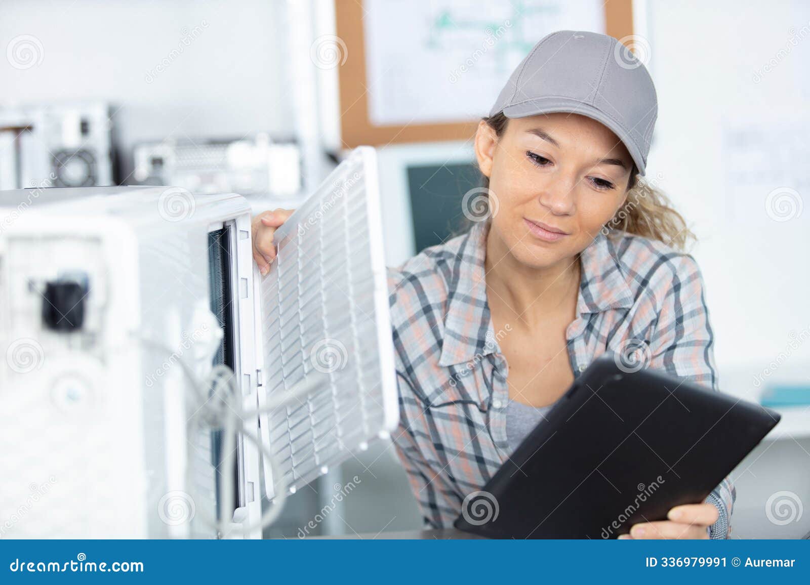 Female Technician Assembles Air Conditioning Unit and Looks at Tablet ...