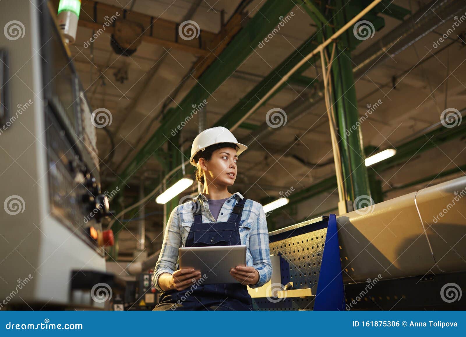 Female Technician Controlls the Machine Stock Photo - Image of smiling ...