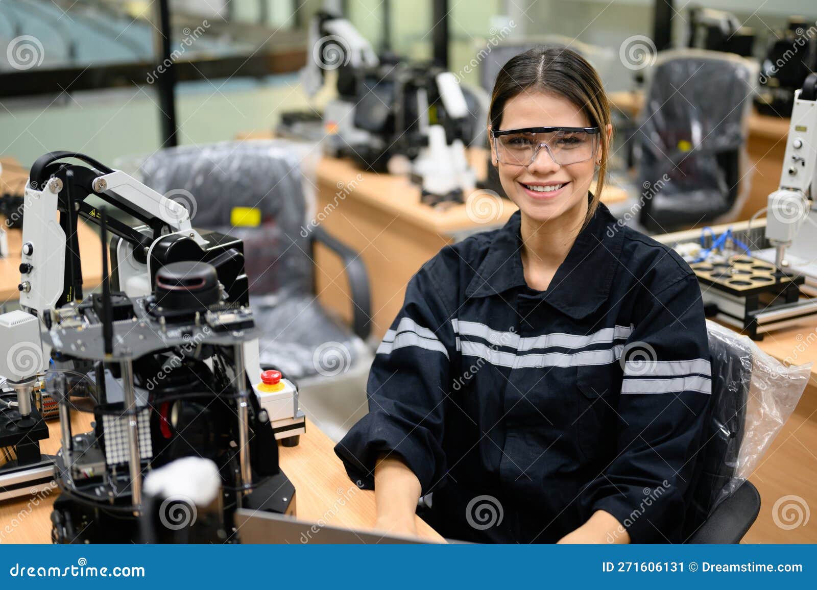 Female Technician Engineer Using Laptop Checking Automatic Robotic ...