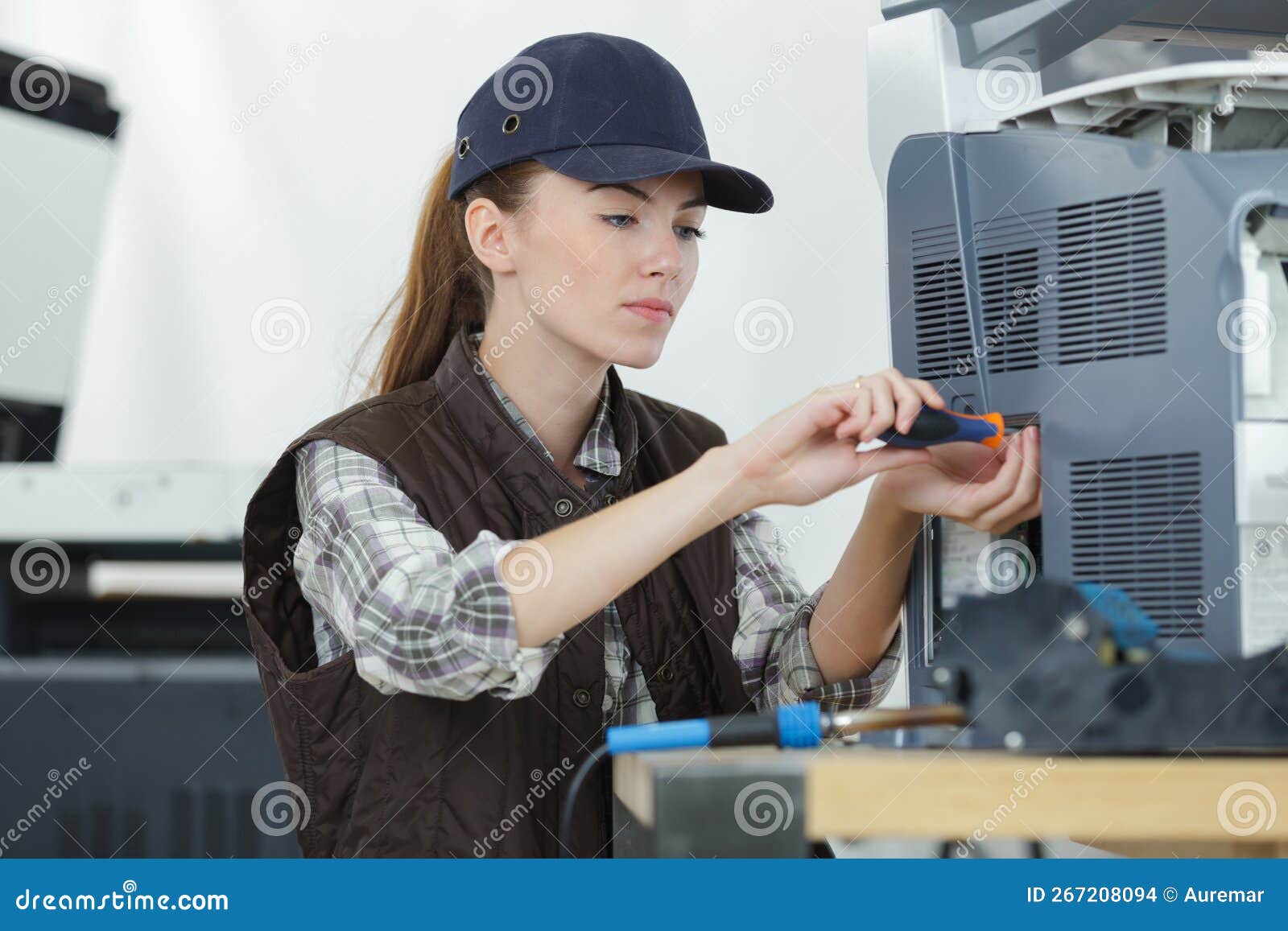 Female Technician Repairing Printer at Office Stock Photo - Image of ...