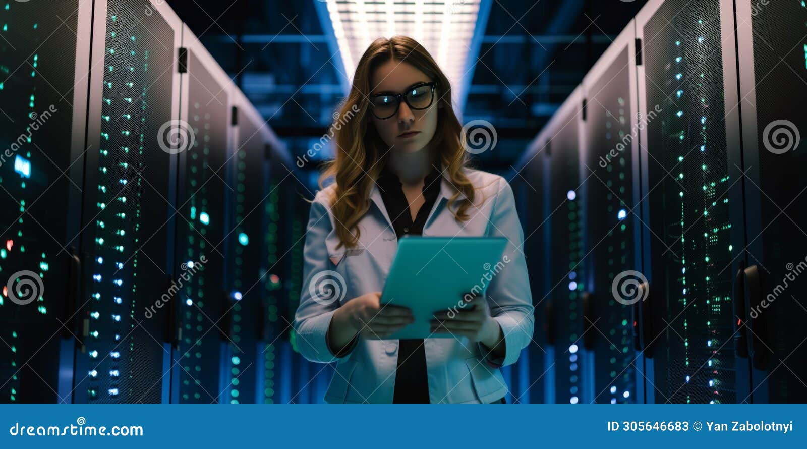 Female Technician Troubleshooting Data Center Servers in a Hightech ...