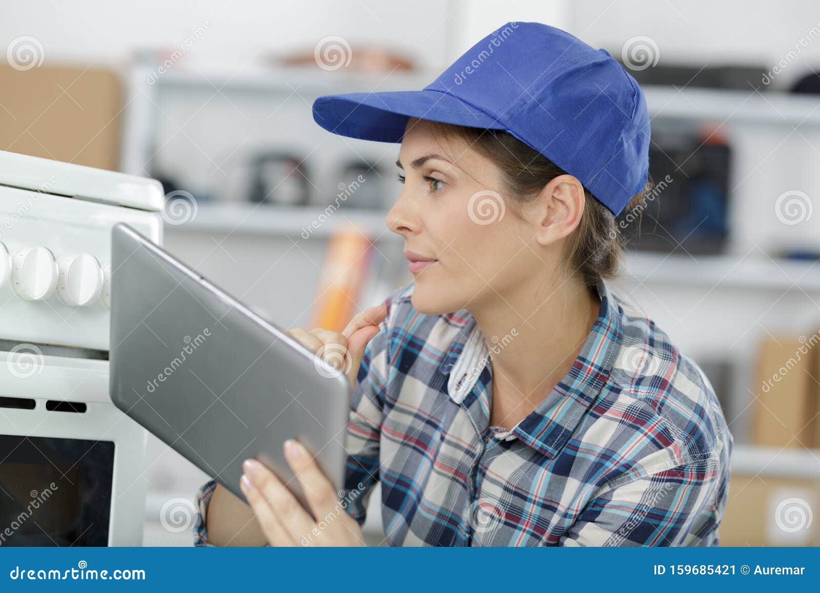 Female Technician Using Tablet Stock Image - Image of helmet, machine ...