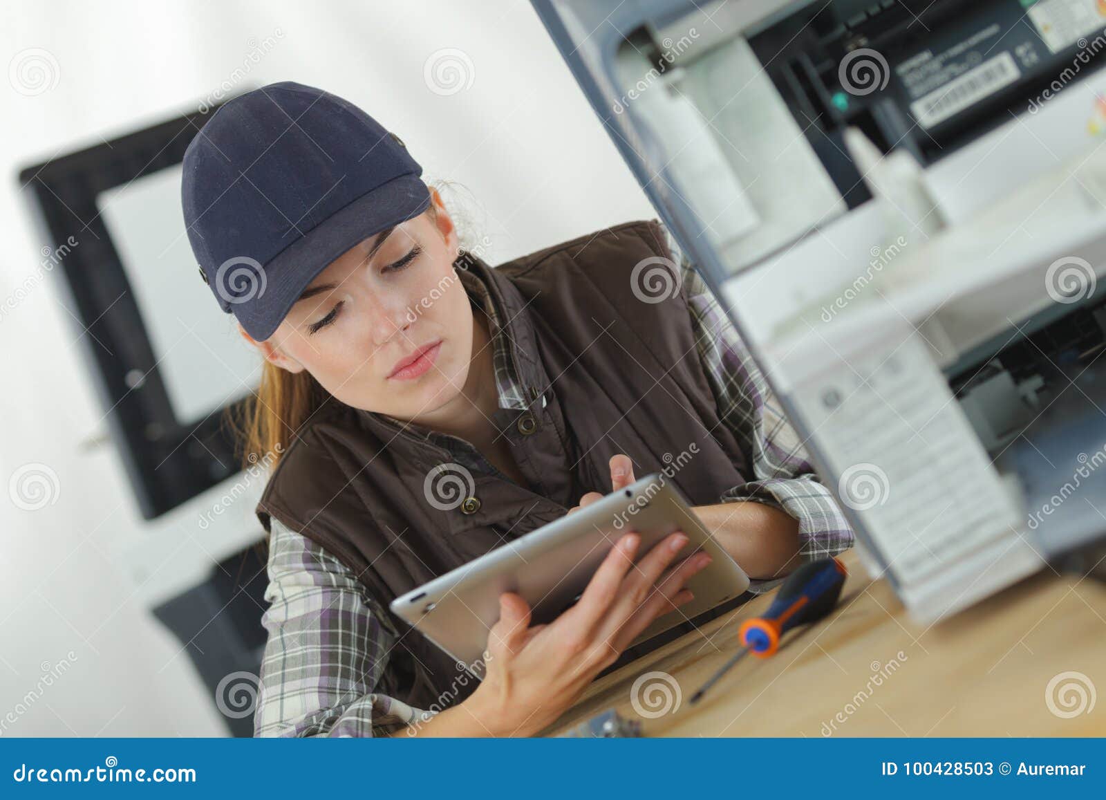 Female Technician Using Tablet Stock Image - Image of system, finger ...