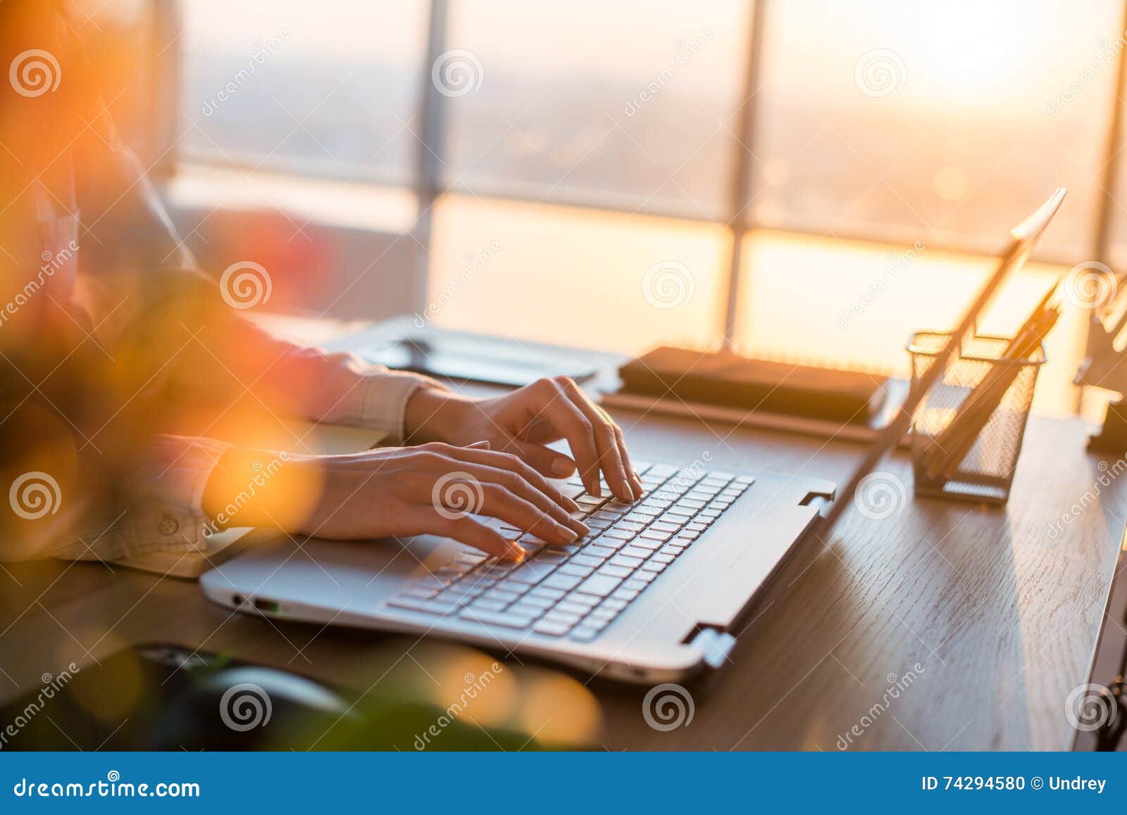 Female Teleworker Texting Using Laptop and Internet, Working Online ...