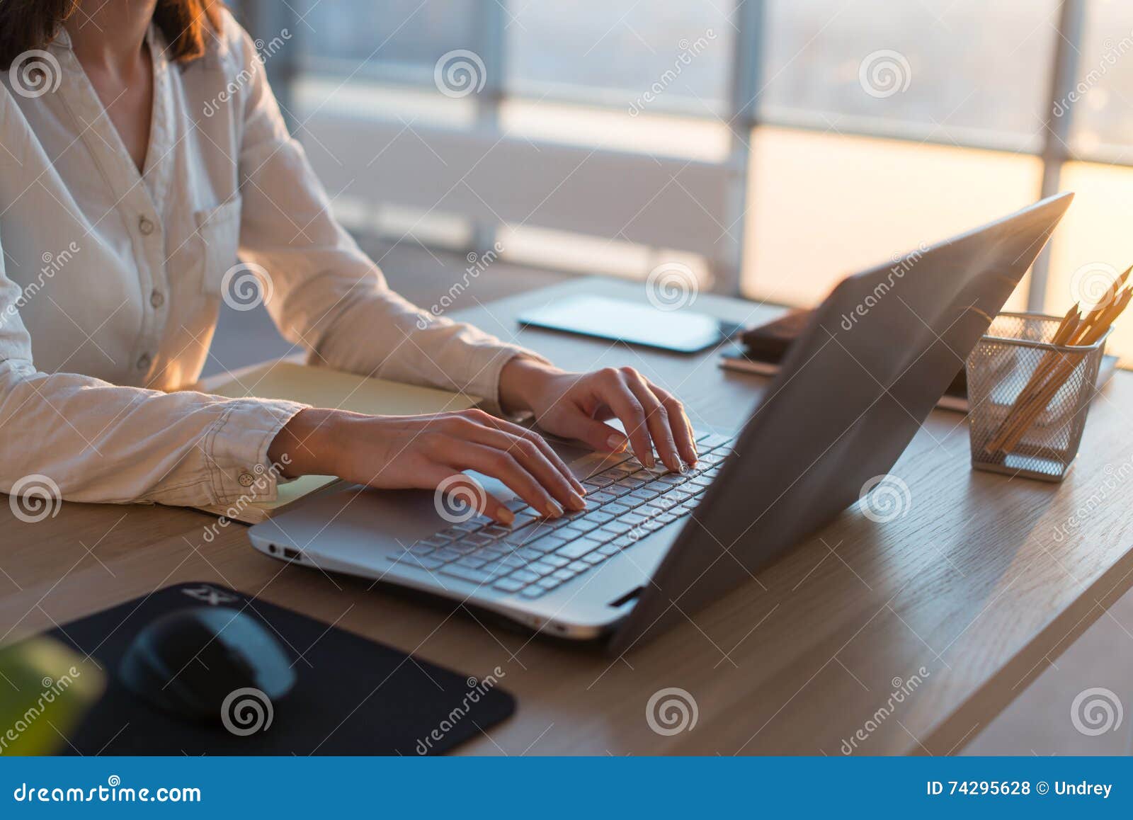 Female Teleworker Texting Using Laptop and Internet, Working Online ...