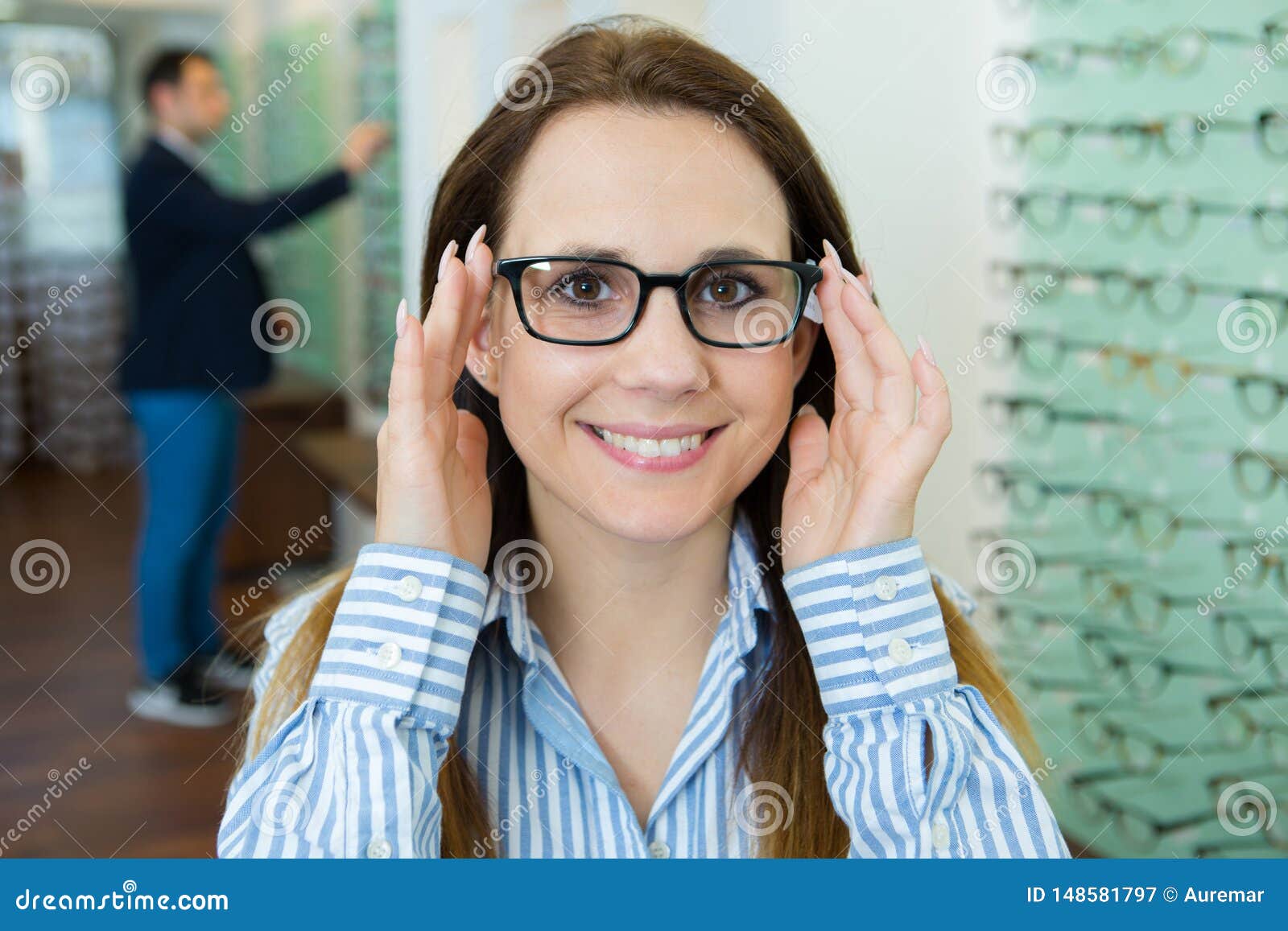 Female Testing New Glasses in Optician Store Stock Image - Image of ...