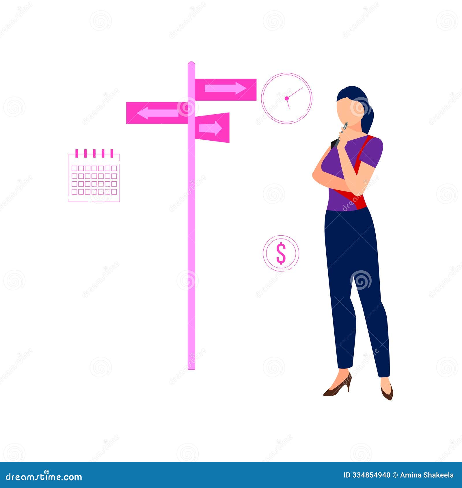 The Female is Thinking about Direction Boards Stock Illustration ...