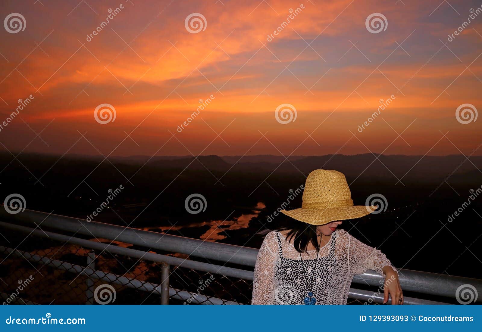 Female Thinking Something with the Impressive Evening Sunset Sky in ...