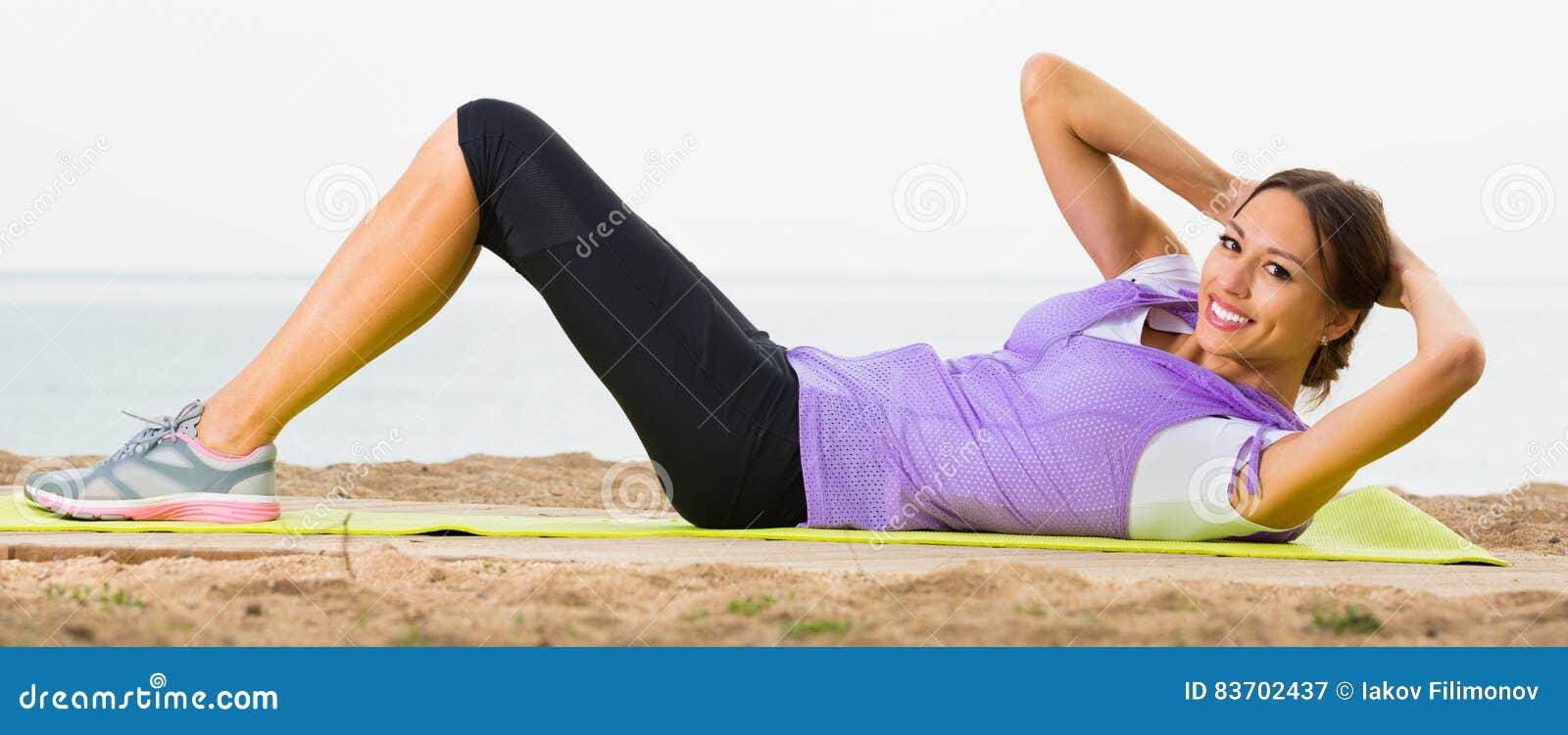 Female Training on Sea Beach on Morning and Smiling Stock Image - Image ...