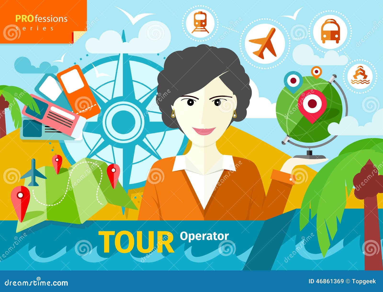 Female Travel Agent Holding Globe with Pointers Stock Vector ...