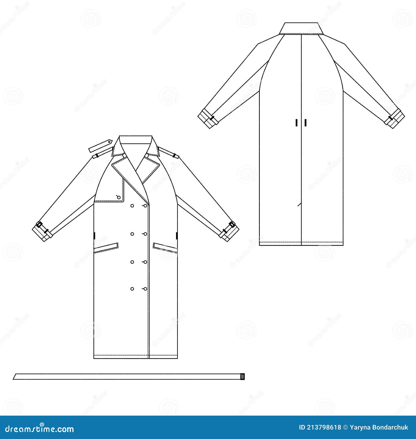 Female Trench Coat Technical Drawing on a White Background. Front and ...