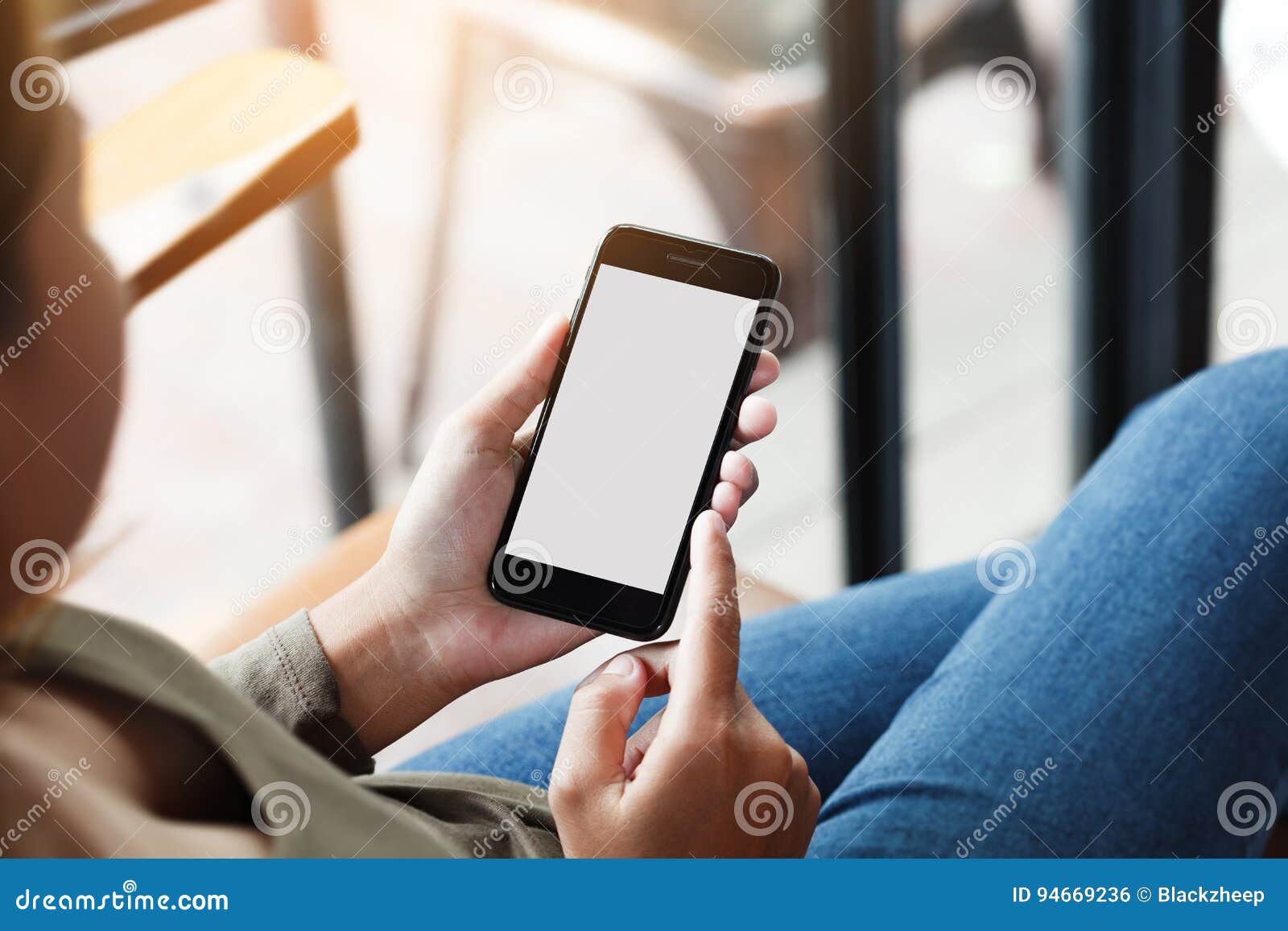 Female Using Phone Show White Screen Display in Coffee Shop Outdoor ...