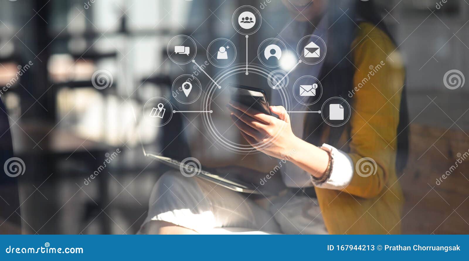 Female Using Technology on Her Mobile Phone with Icon and Visual ...